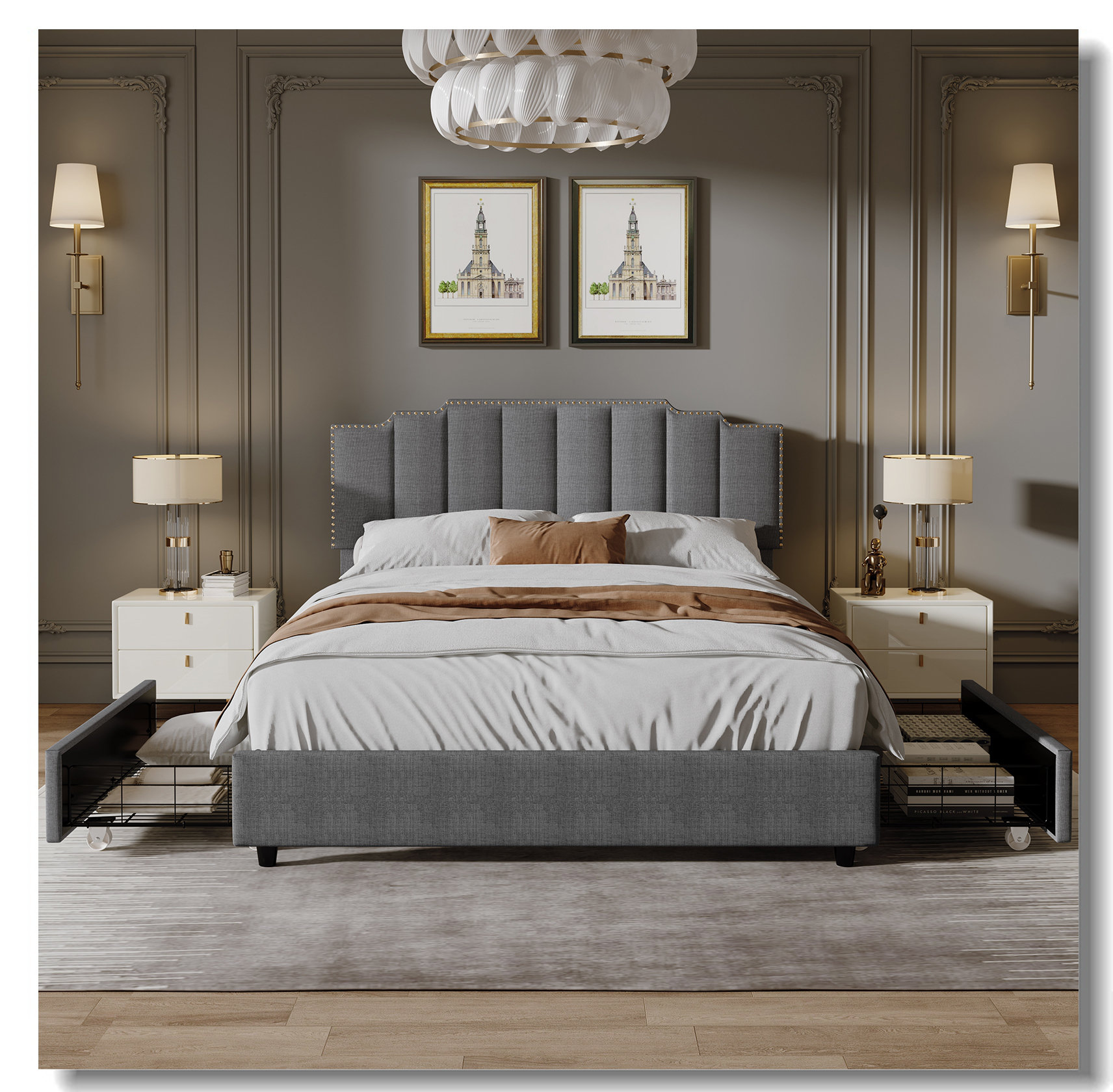 Grovelane Queen Size Upholstered Platform Bed Linen Bed Frame With 2 ...