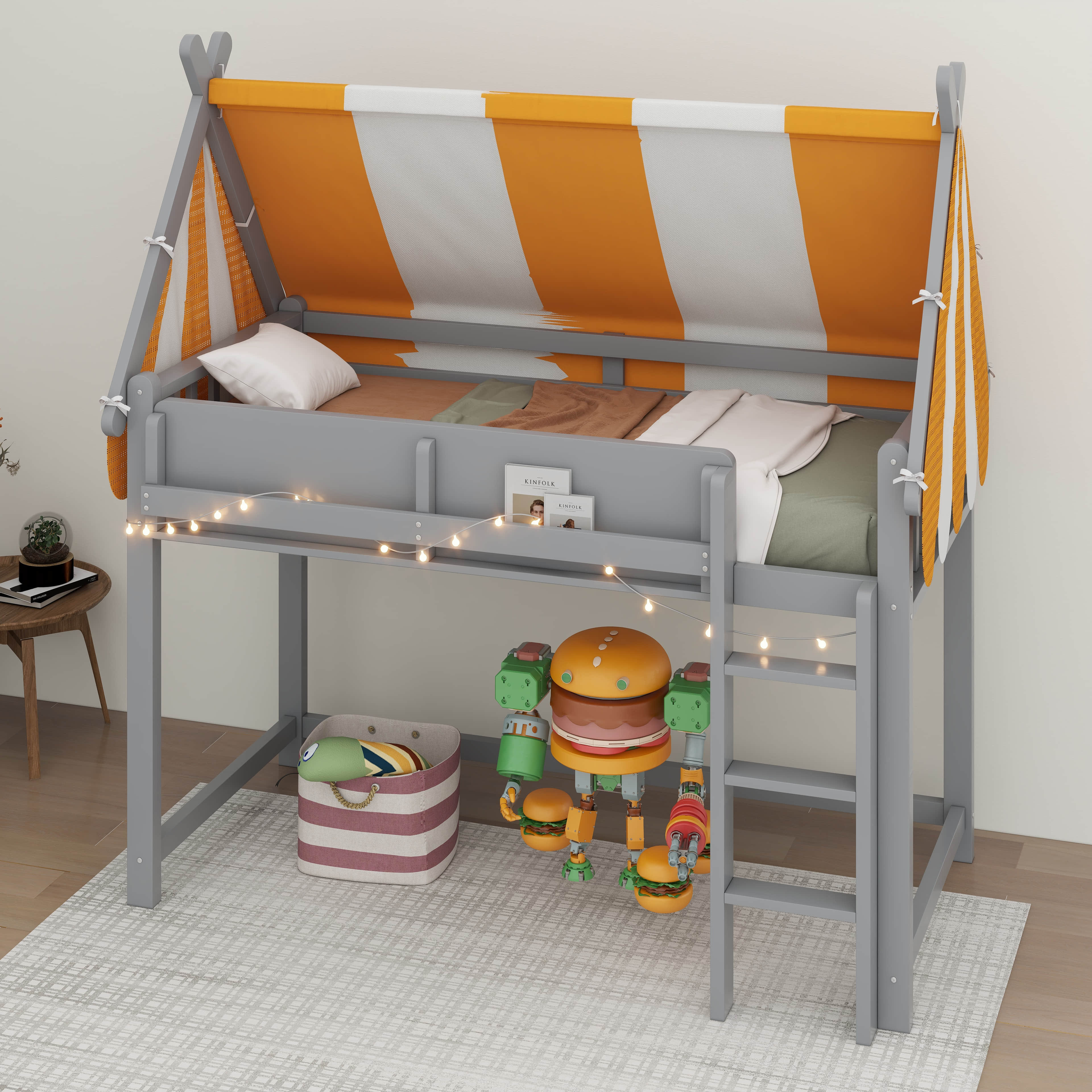 Ebern Designs Loft Bed With Canopy, Wooden Loft Bed Frame With Book ...