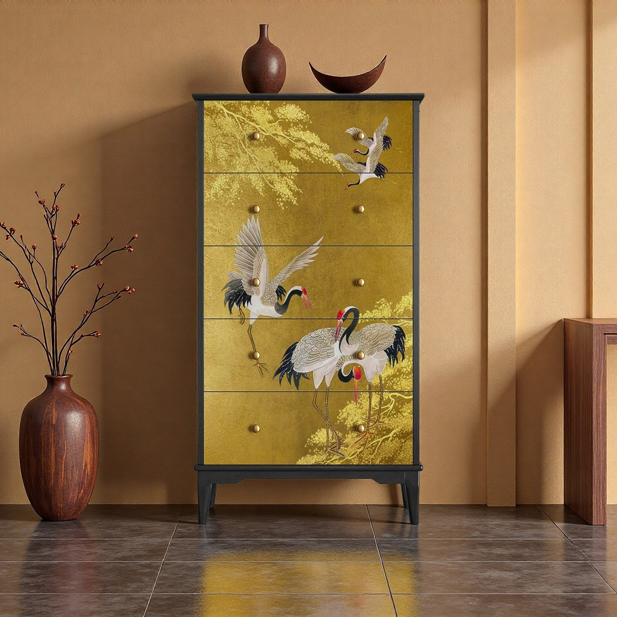 HomeLuxea Solid Wood Drawer Cabinet with Crane Landscape | Wayfair