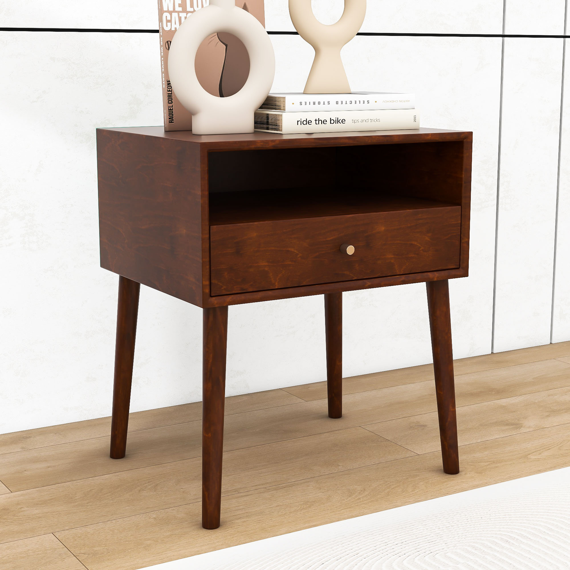 George Oliver Mazzei Elegant Wood Nightstand with Drawer and Open Shelf ...
