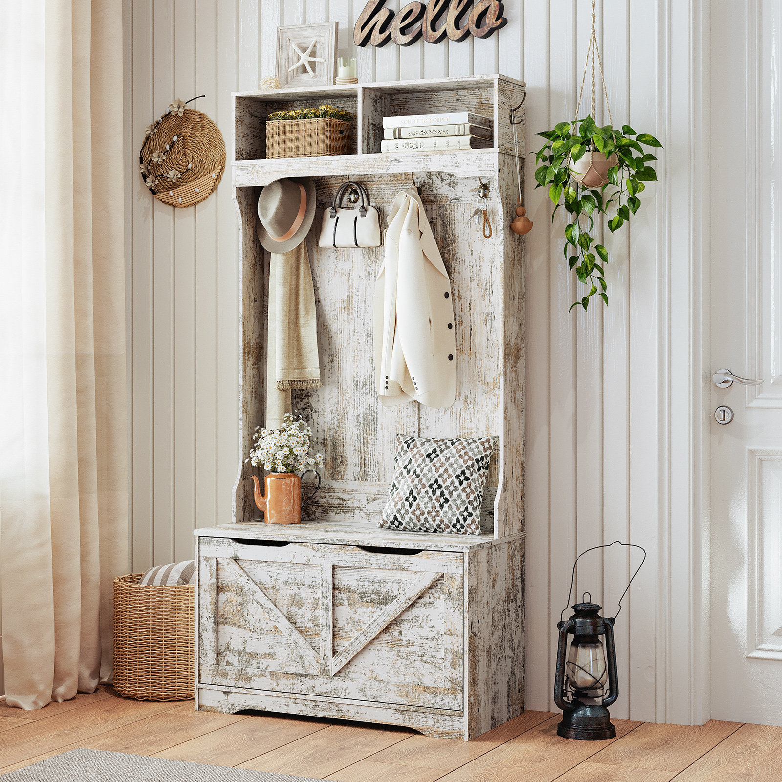 Gracie Oaks Bobbi Hall Tree 31.5'' Wide with Bench and Shoe Storage ...