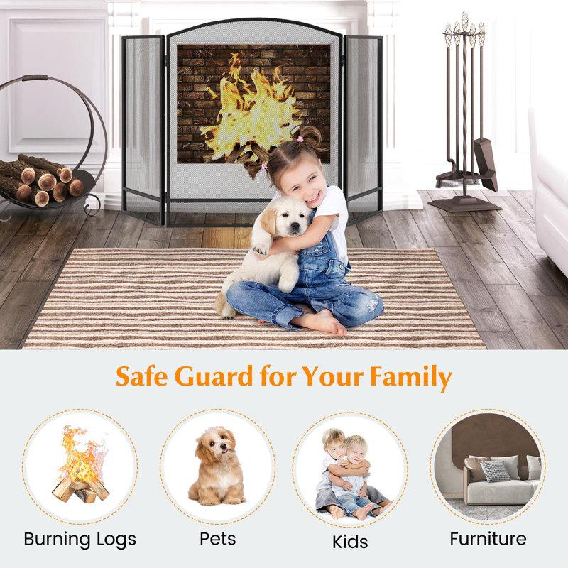 Winston Porter 3-panel Folding Fireplace Screen, Wrought Iron Spark ...