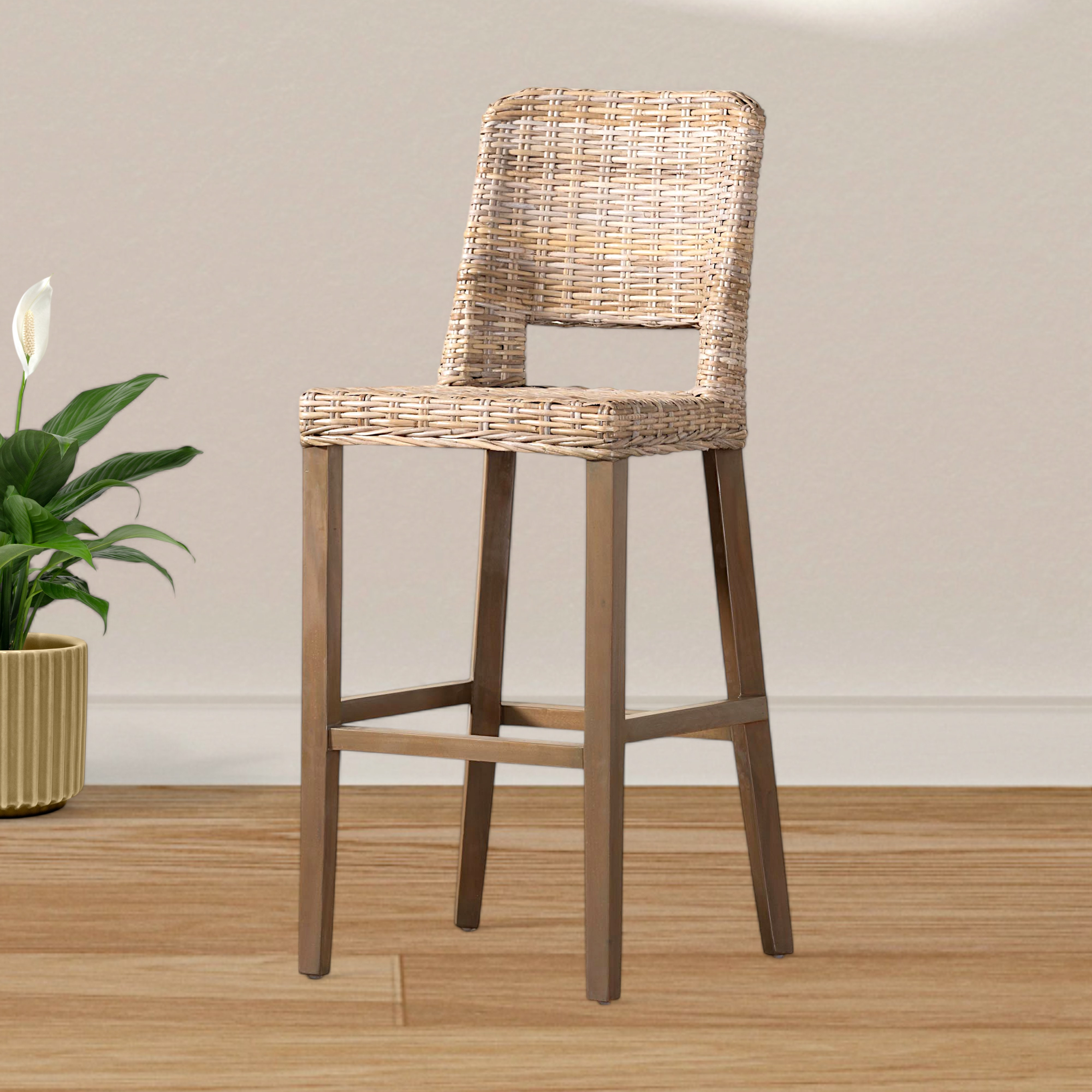 Bay Isle Home™ Braith Bar Stool - Modern Bohemian Grey Kubu Rattan and ...