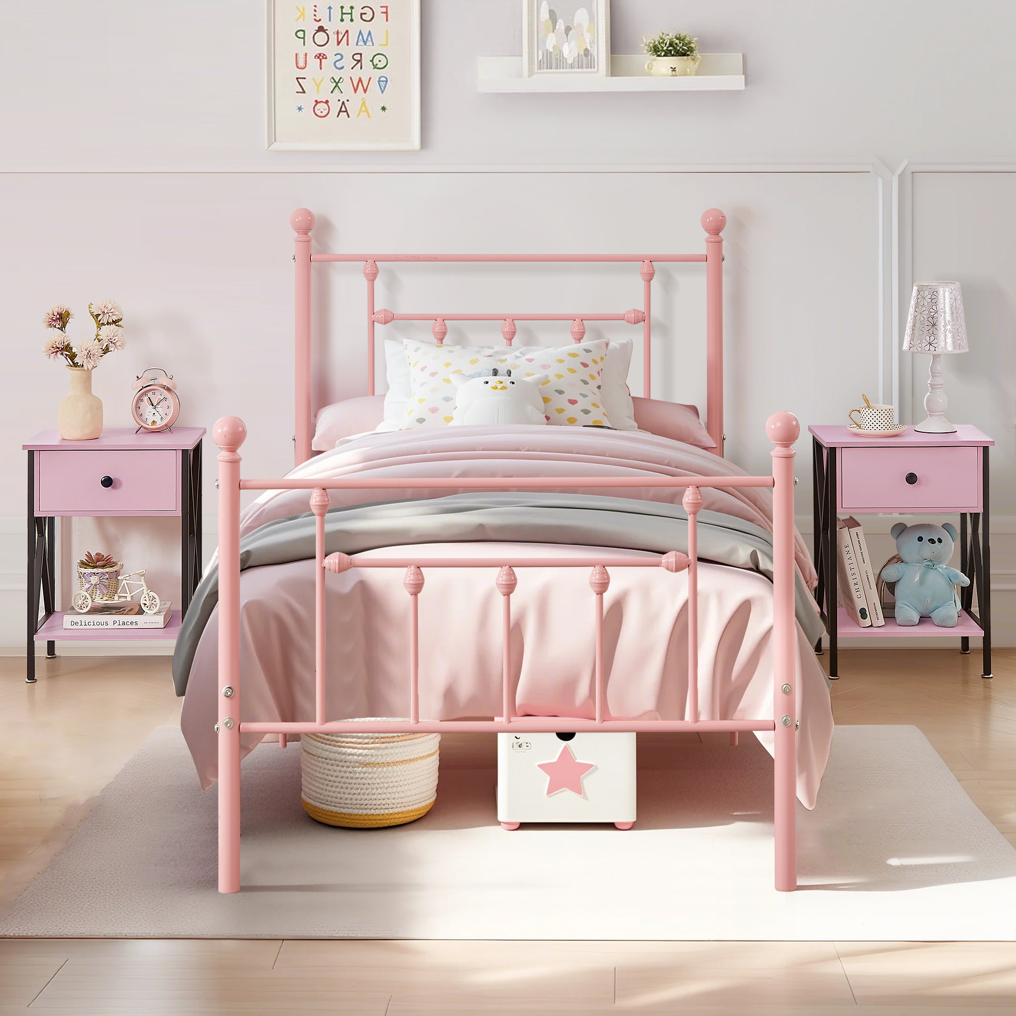 August Grove® 3 Piece Bedroom Set With Pink Platform Twin Bed And 2 ...