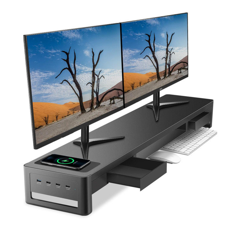 Kiflic Dual Monitor Stand Riser with Drawers,USB Ports and Charging Pad ...