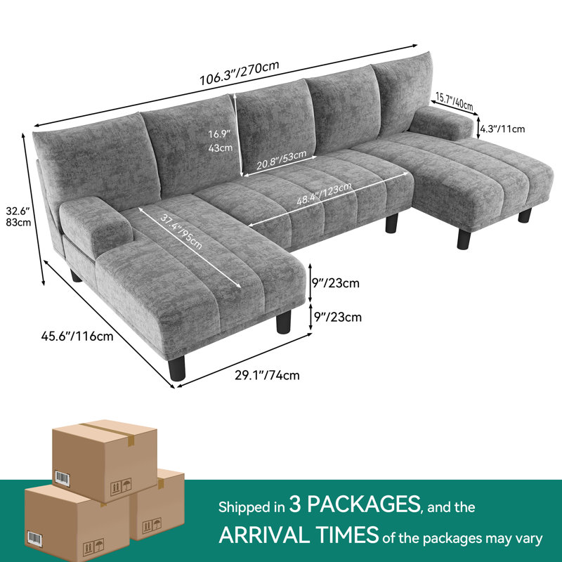 Ebern Designs Sectional Couches Sofa U Shaped Sofa Gray Chenille Modern ...