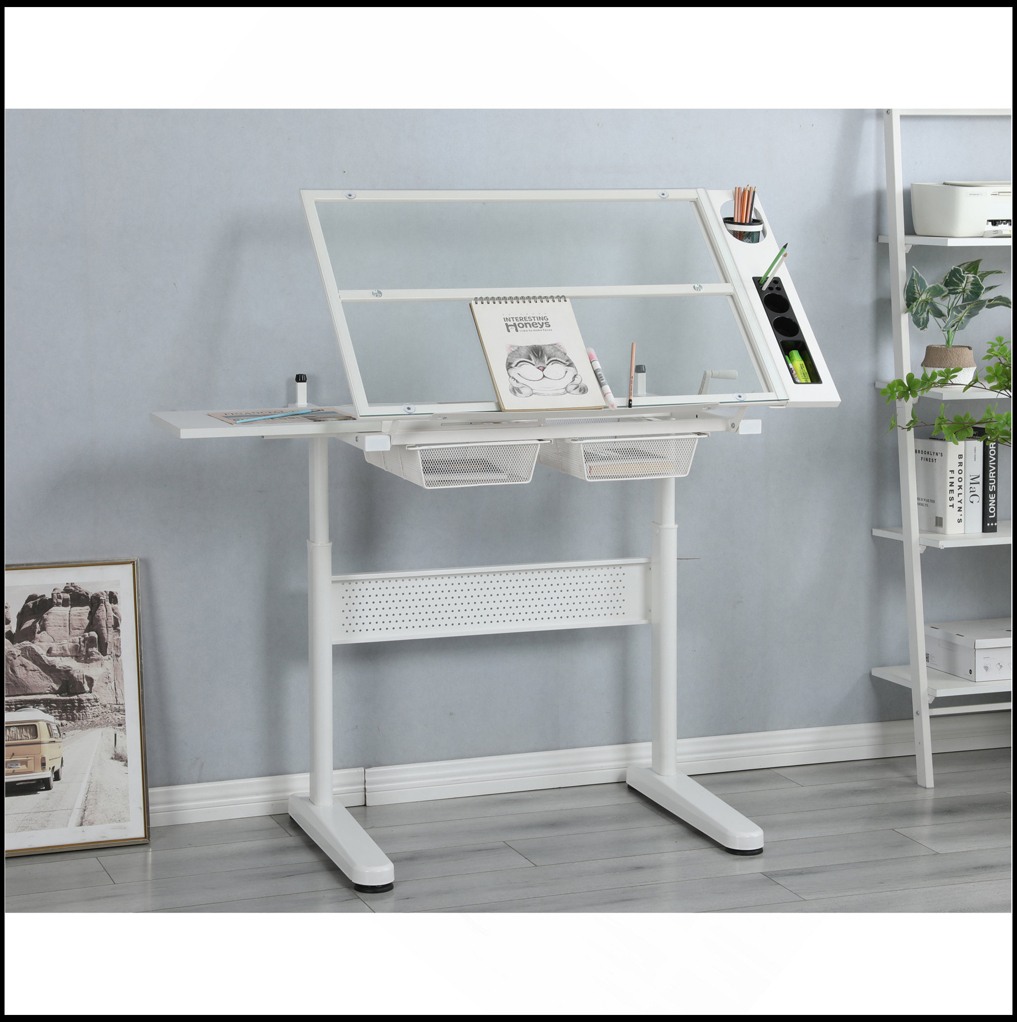 Latitude Run® Hand Crank Adjustable Drafting Table Drawing Desk With 2 ...