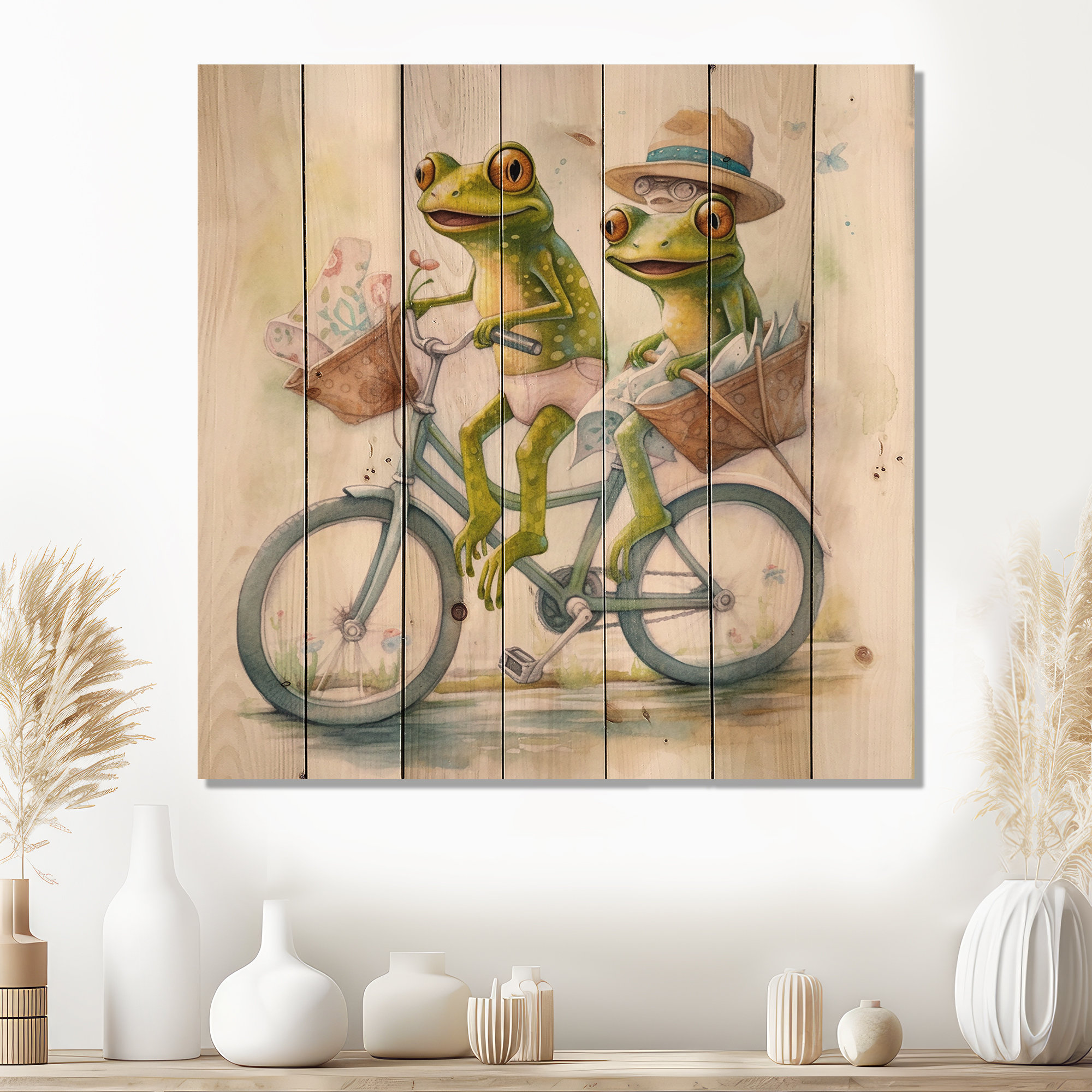 Trinx Green Frogs Riding A Bike - Animal Frog Print on Natural Pine ...