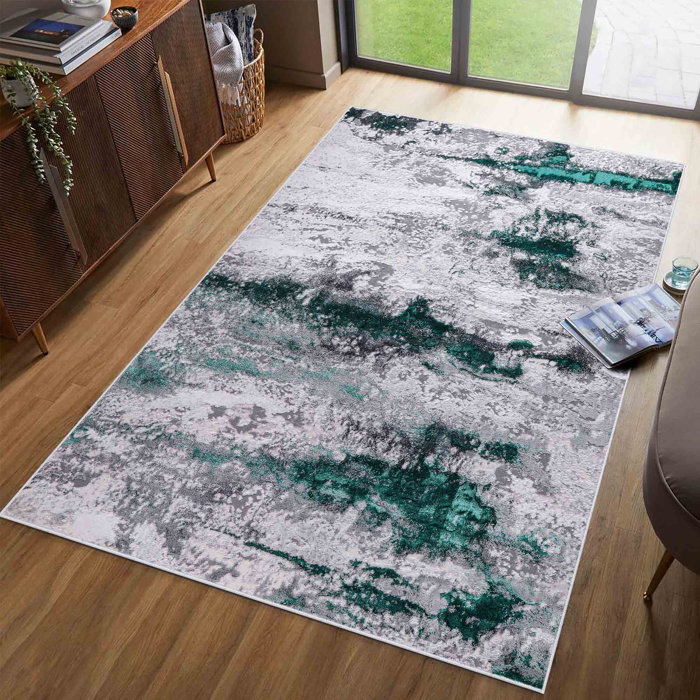 Borough Wharf Hesperange Abstract Machine Woven Green/Grey Area Rug ...
