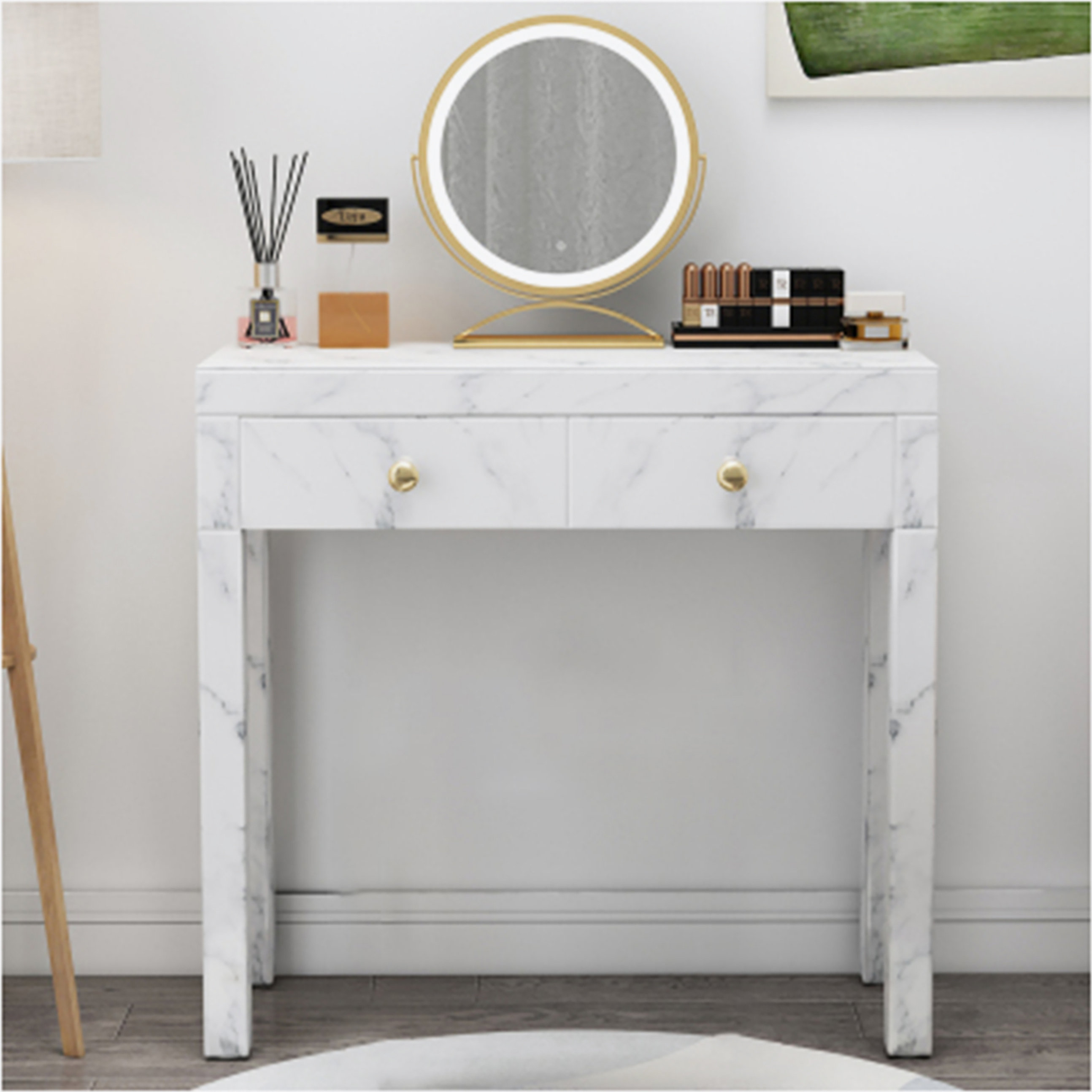 Wrought Studio™ Tempered Glass Marble Texture Dressing Table | Wayfair