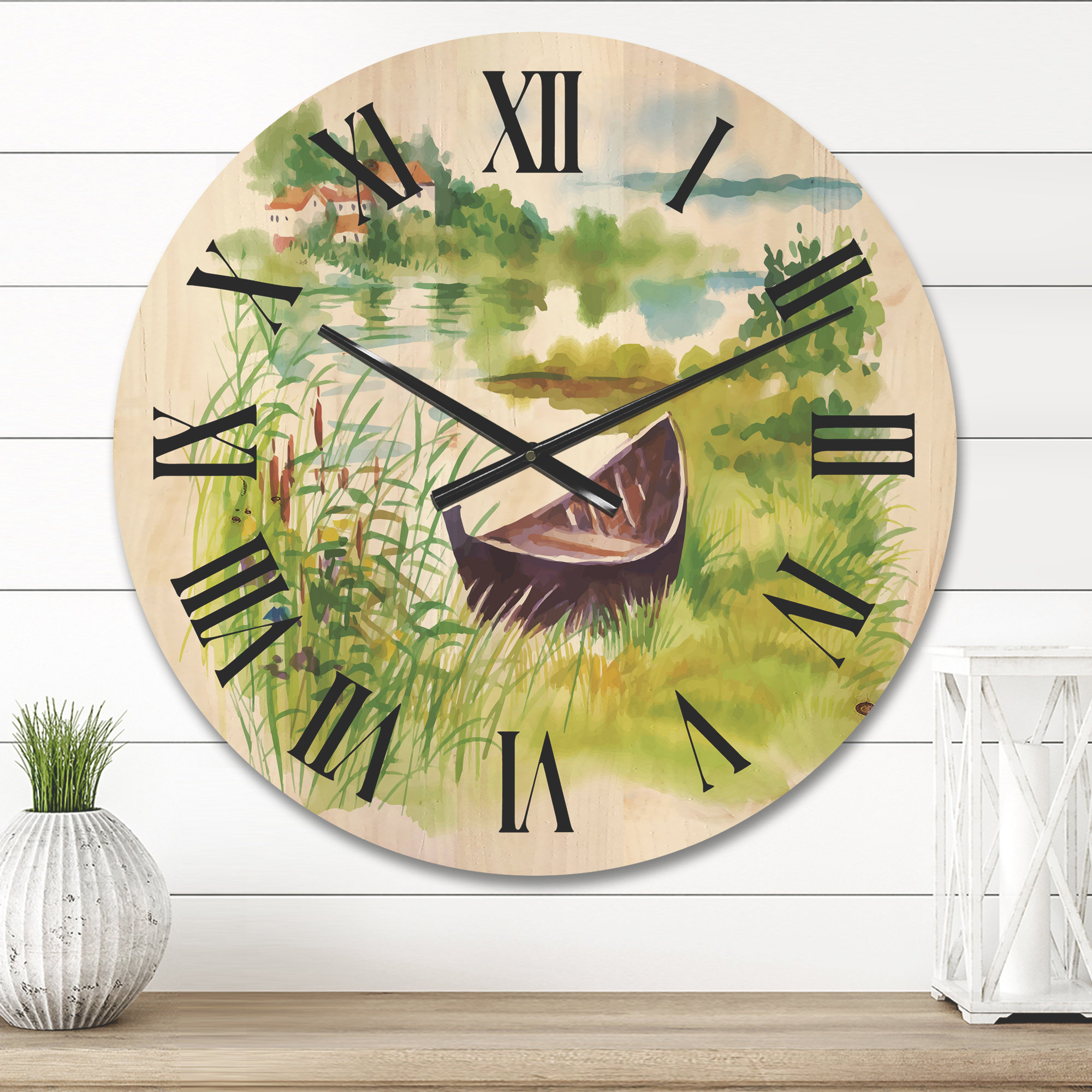 East Urban Home Rural Landscape with Boat Wood Wall Clock | Wayfair