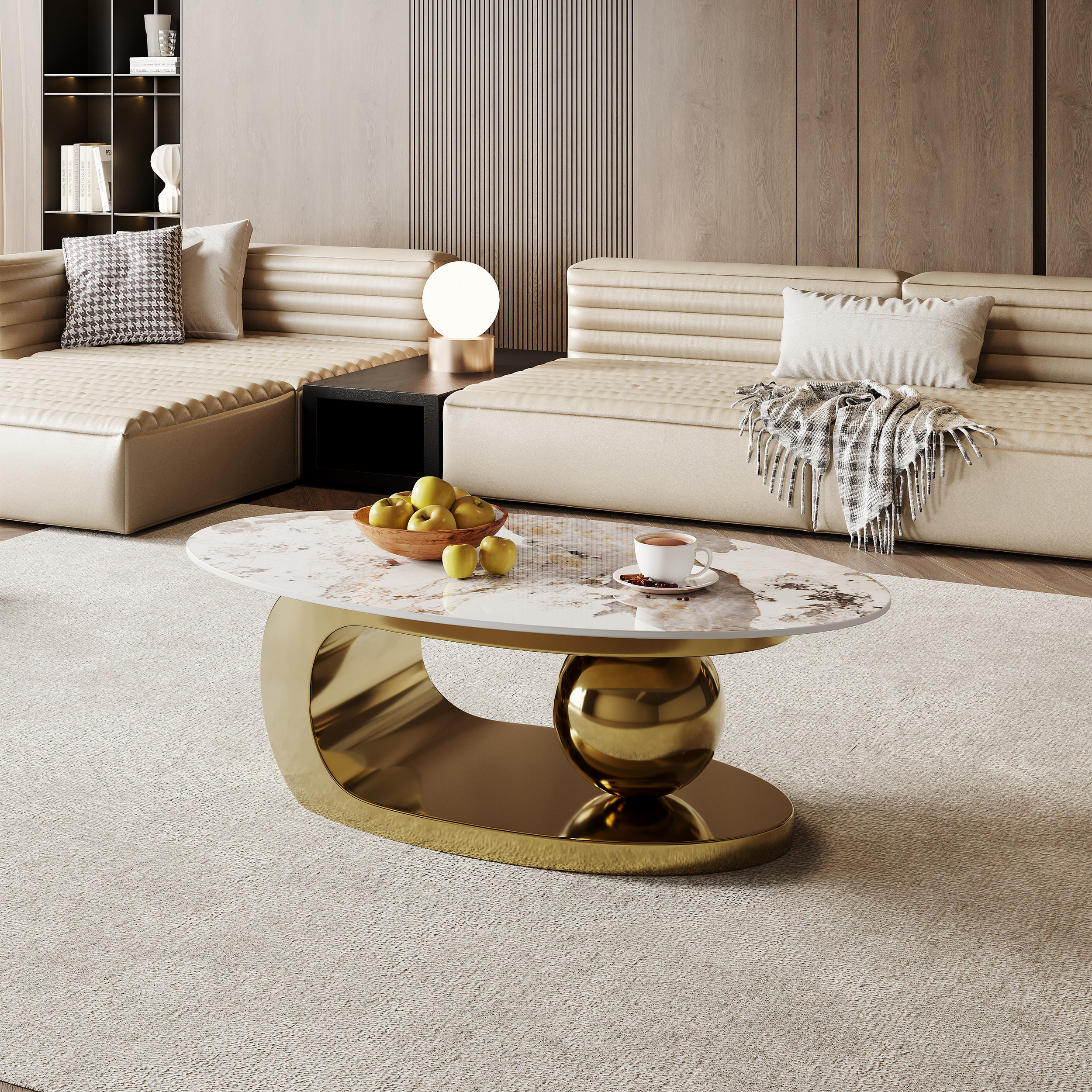 Everly Quinn Modern Oval Cofee Table, Glossy Faux Mable Table-top ...