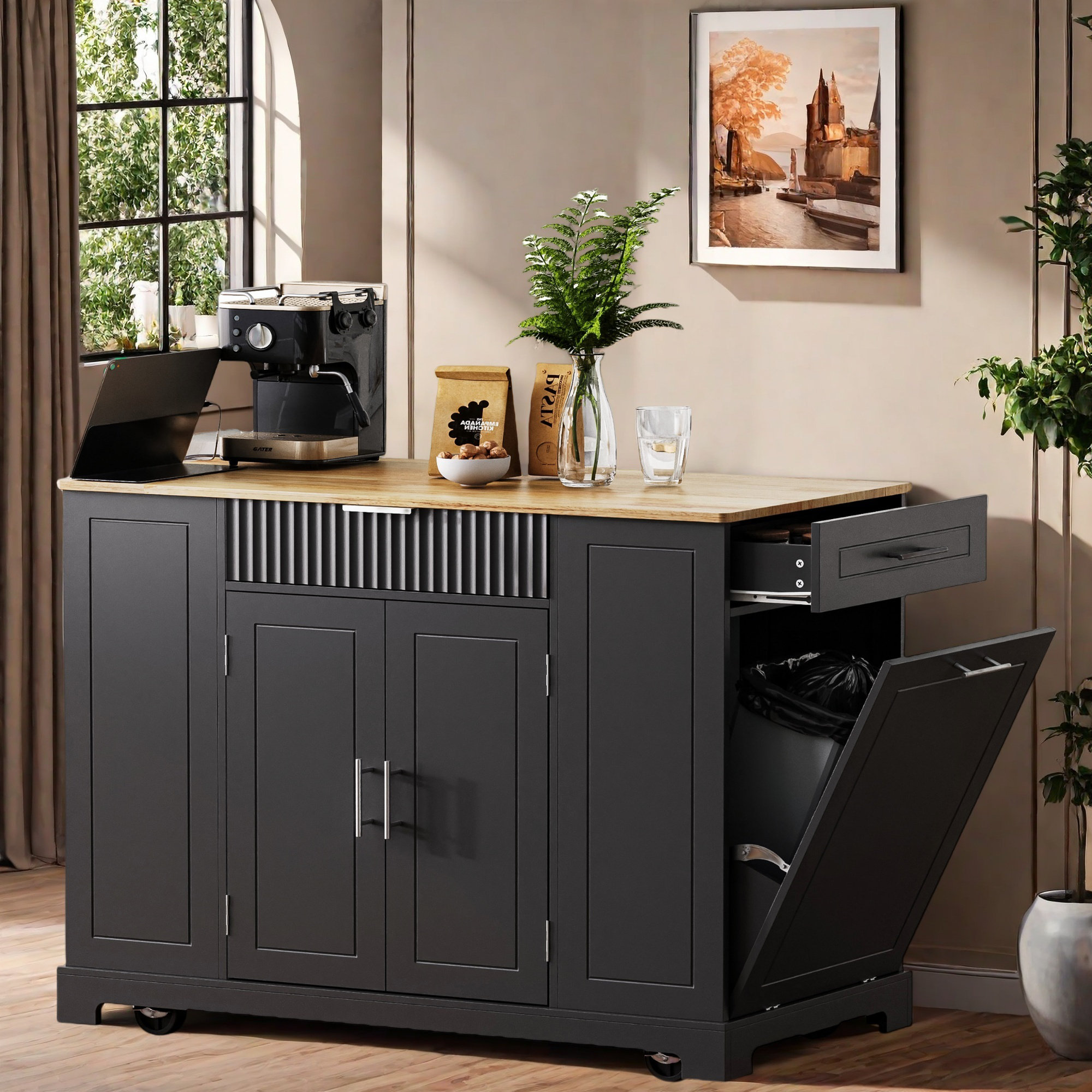 Lark Manor Fluted Rolling Kitchen Island With Trash Can Storage Cabinet ...