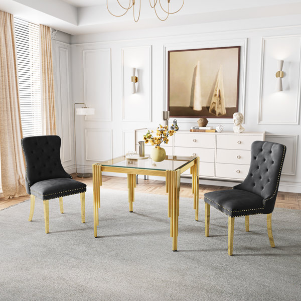 Modehodei 3-piece Square Dining Table Set With Glass Top And Metal Base ...