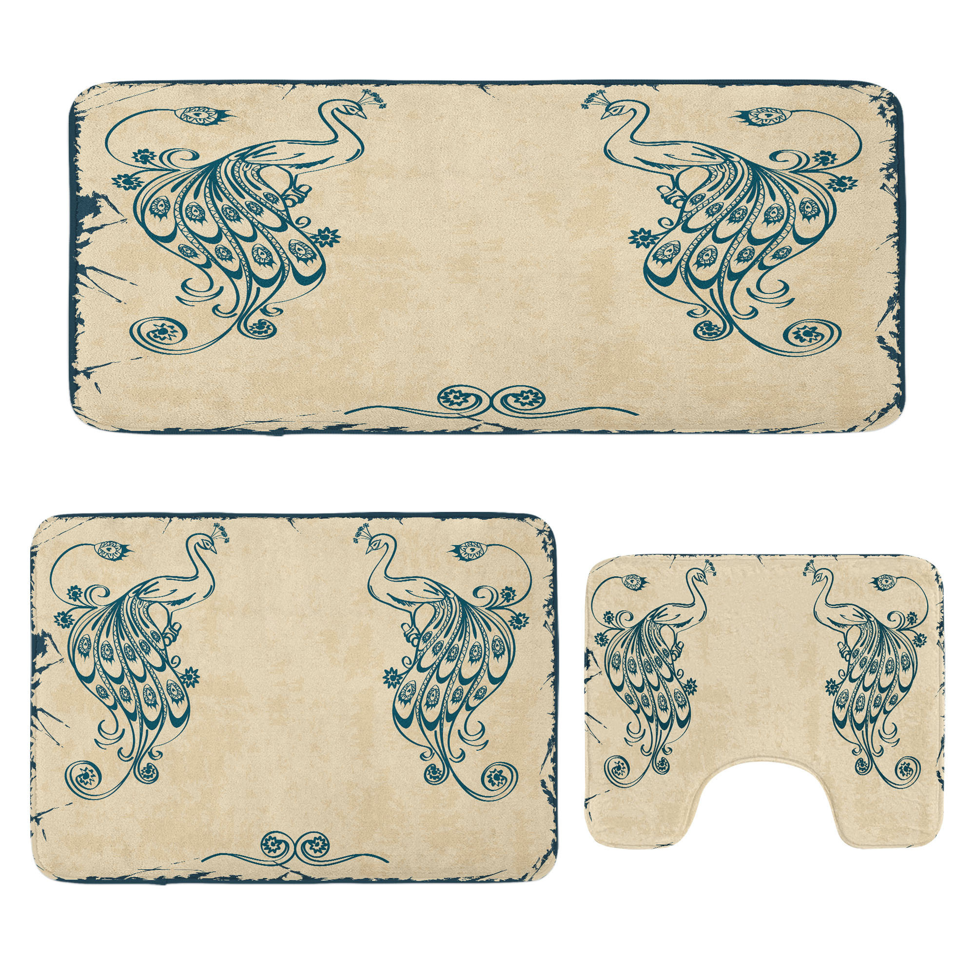 East Urban Home Beige Teal Bathroom Rug Set 3 Pieces U-Shape ...