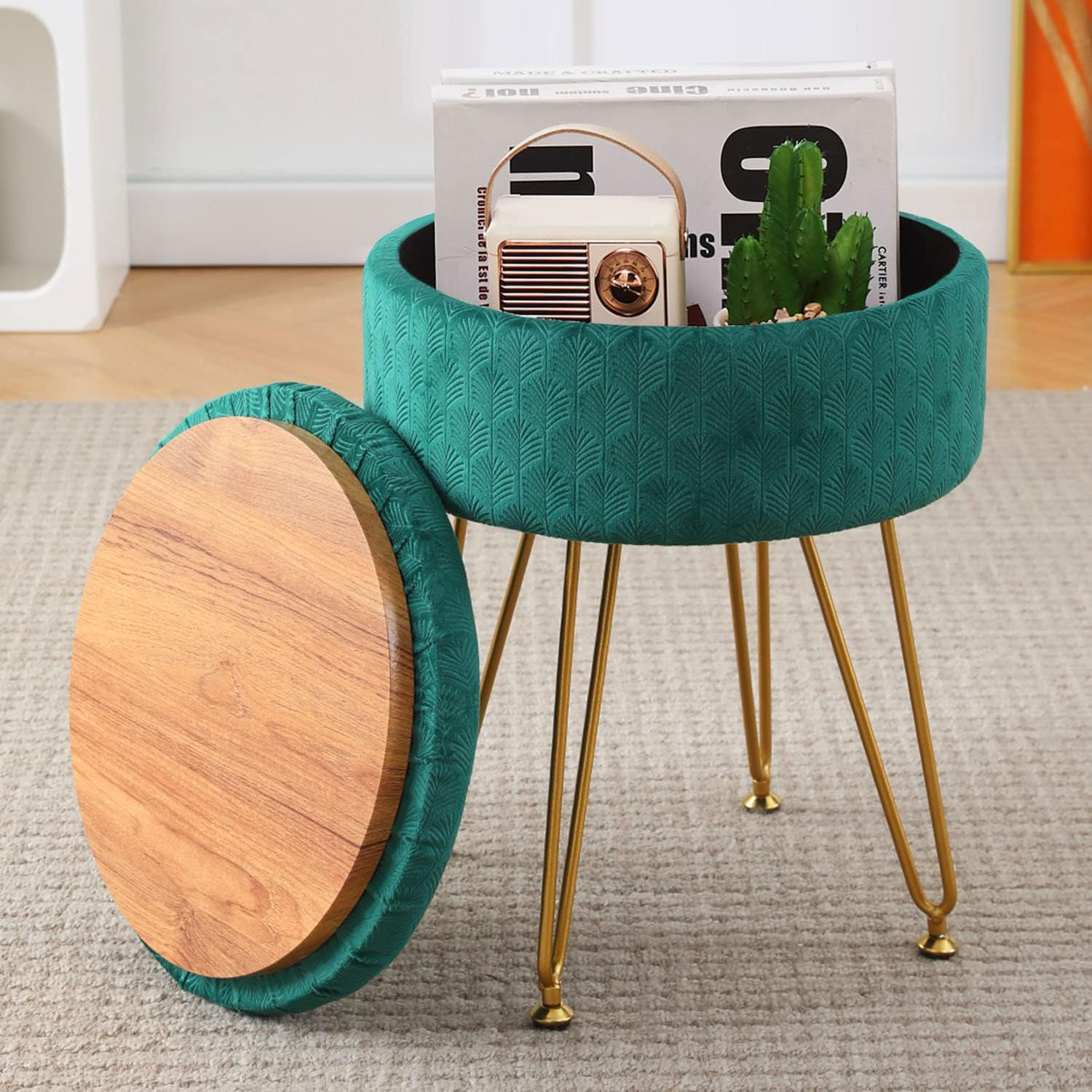 Mercer41 Velvet Storage Ottoman Round Footrest Stool Multifunctional ...