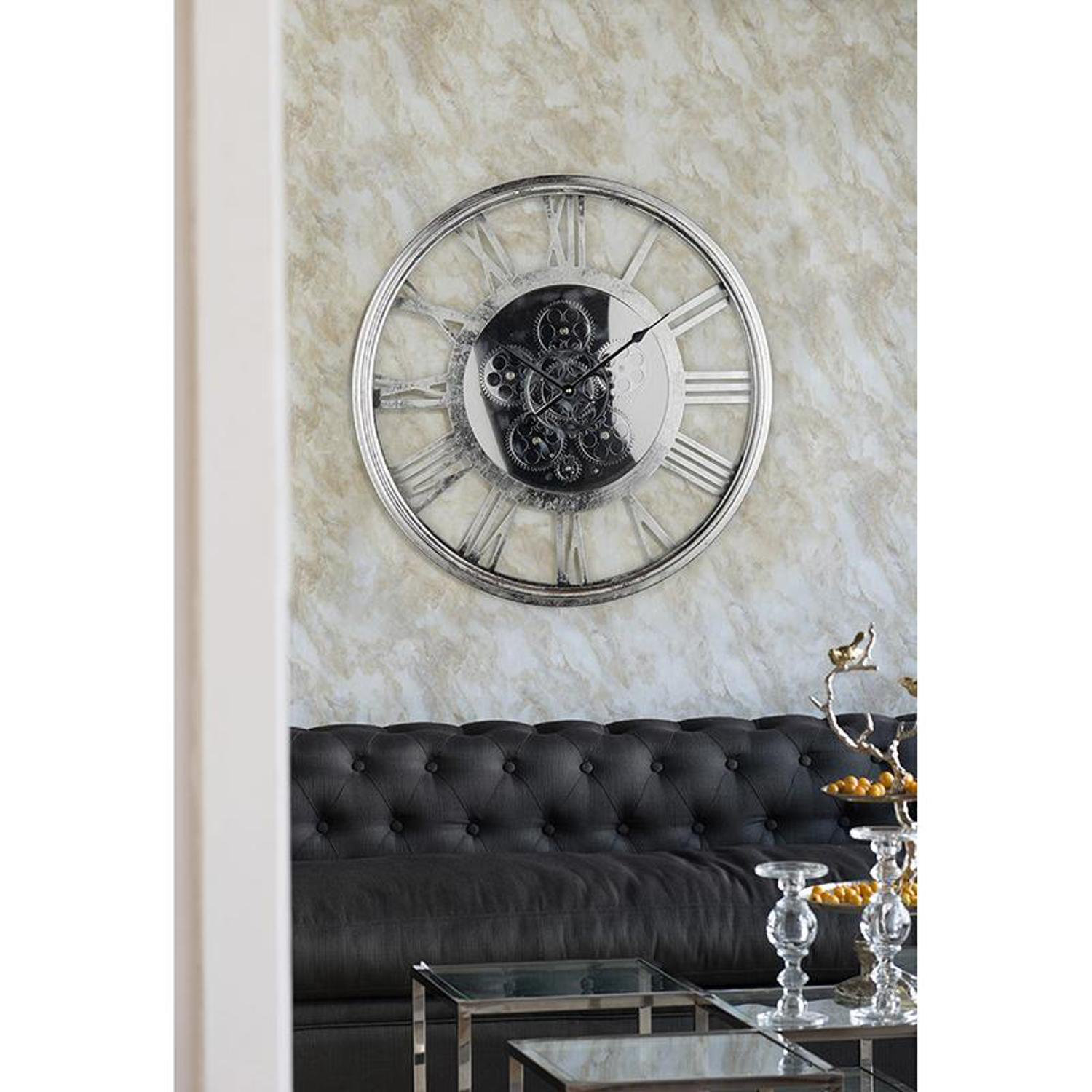 HomeRoots 21" Circle Silver Metal and Glass Analog Exposed Gear Wall ...