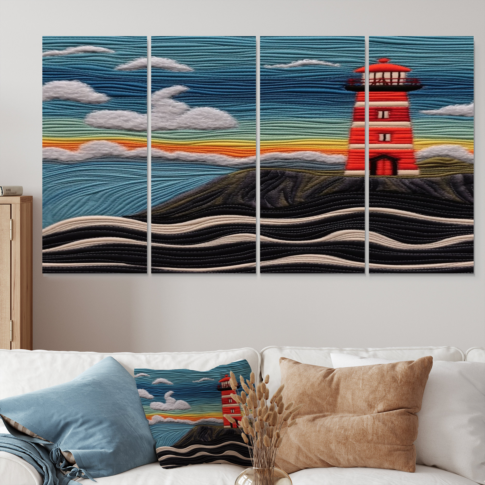 Design Art Red Lighthouse On The Rock Blue Sky Embroidery - Lighthouses ...