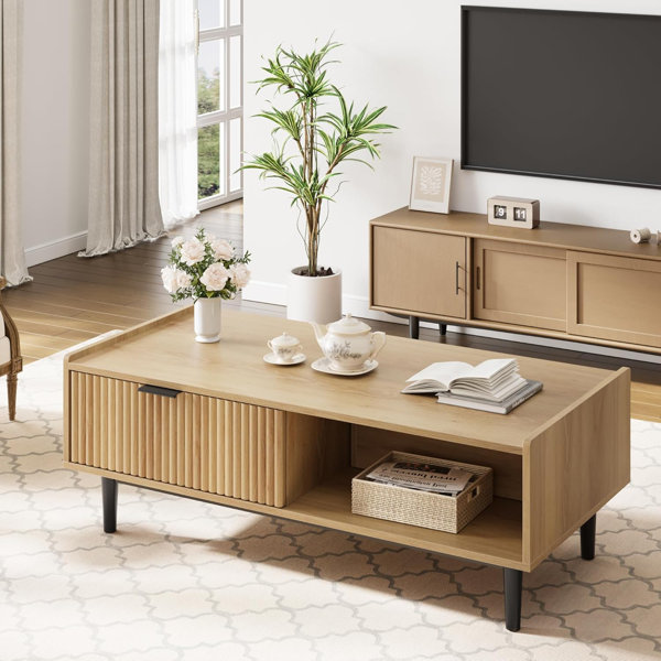 Latitude Run® Center Table Fluted Coffee Table With Drawer 42.5" Mid ...