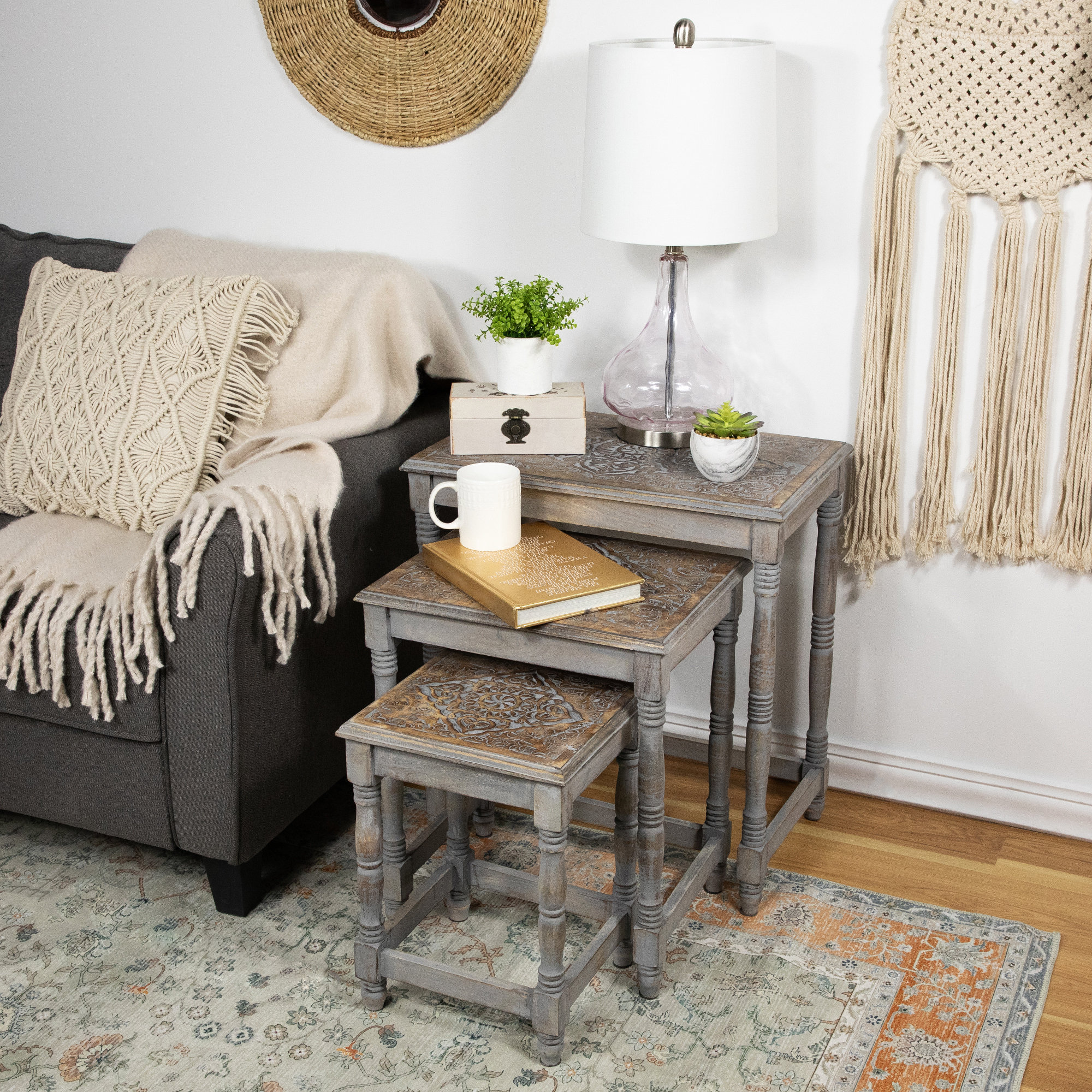 Northlight Seasonal Set Of 3 Matte Grey Etched Stackable Nesting Side ...
