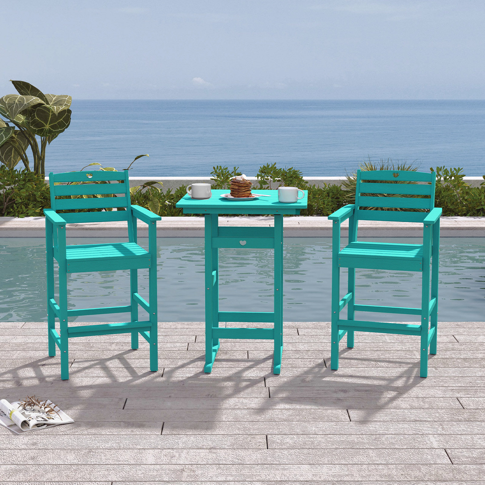 Red Barrel Studio® 3-Piece Bar Height Patio Table and Chairs Set HDPE ...