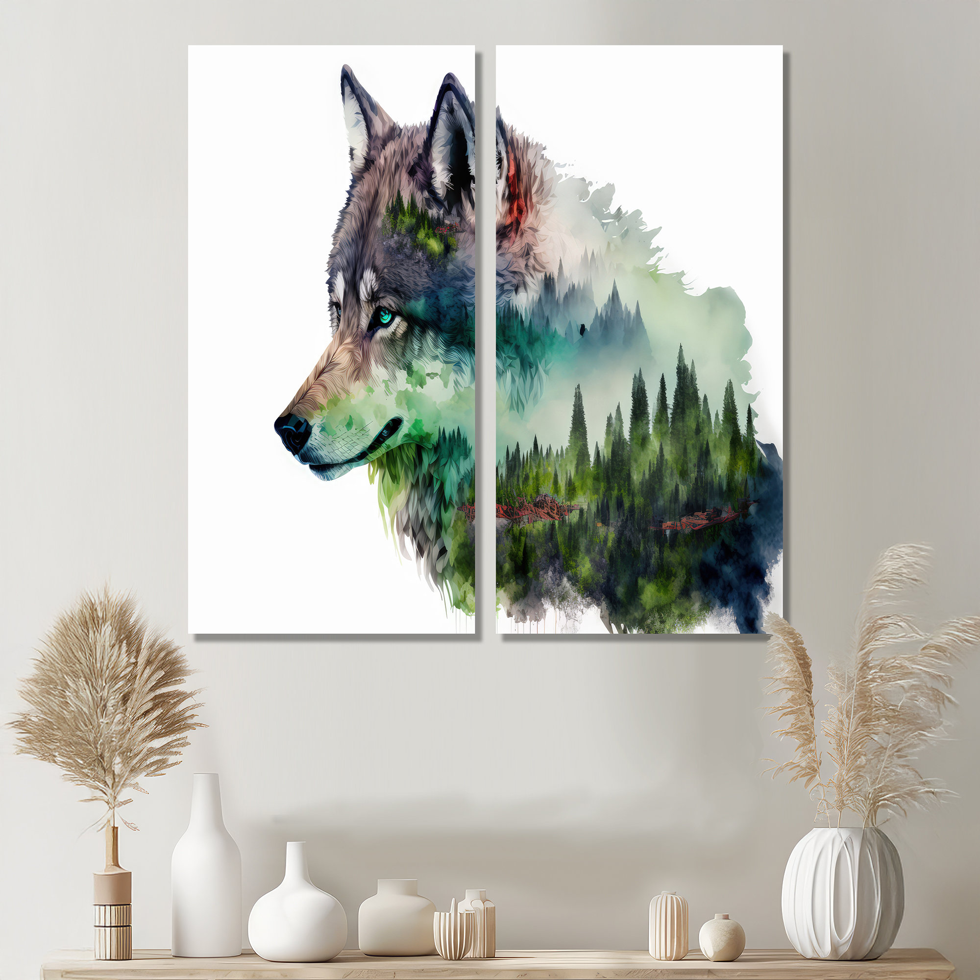 Union Rustic Double Exposure Of A Wolf With Forest Landscape - Large ...