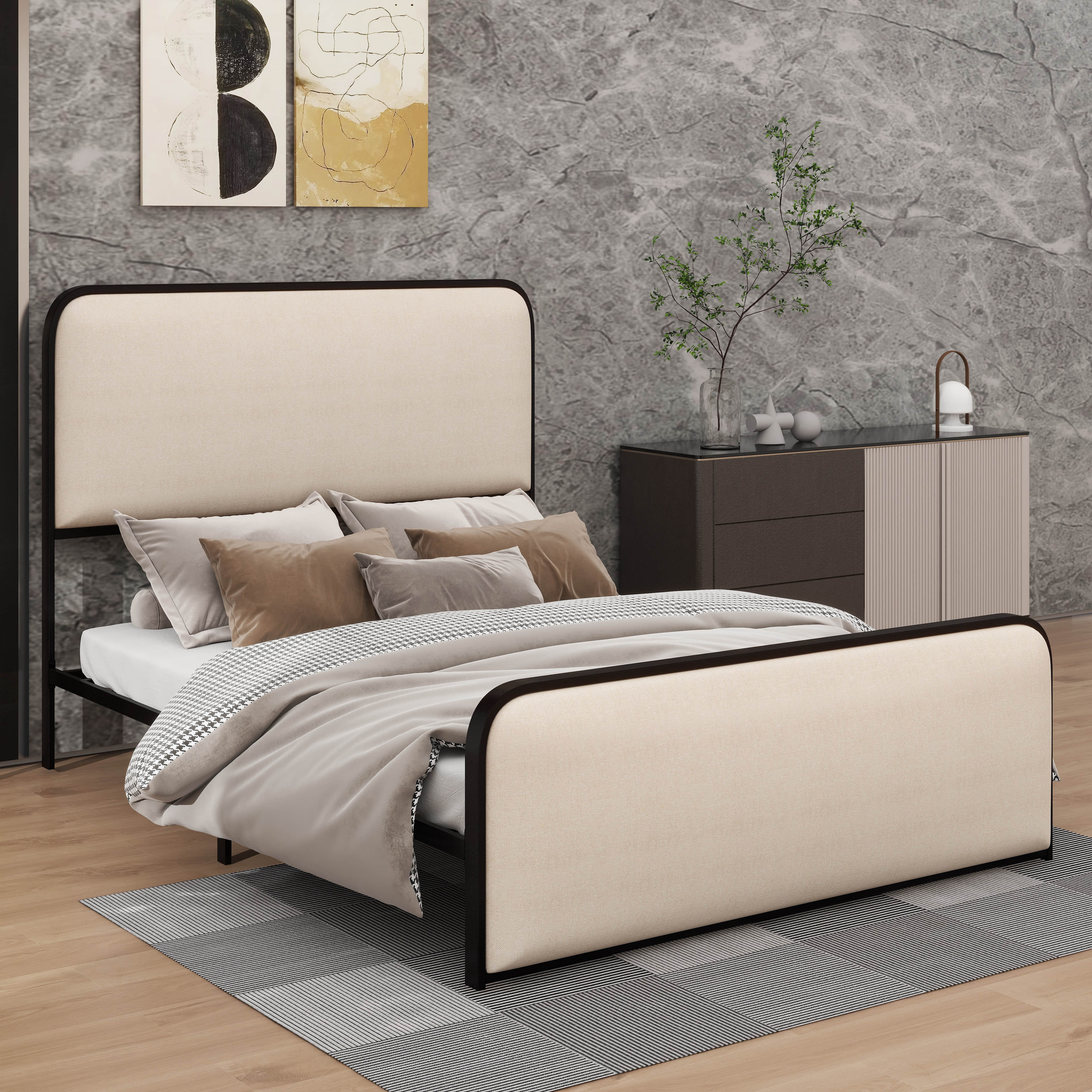 Ebern Designs Sleek Modern Metal Bed Frame With Curved Upholstered Head ...