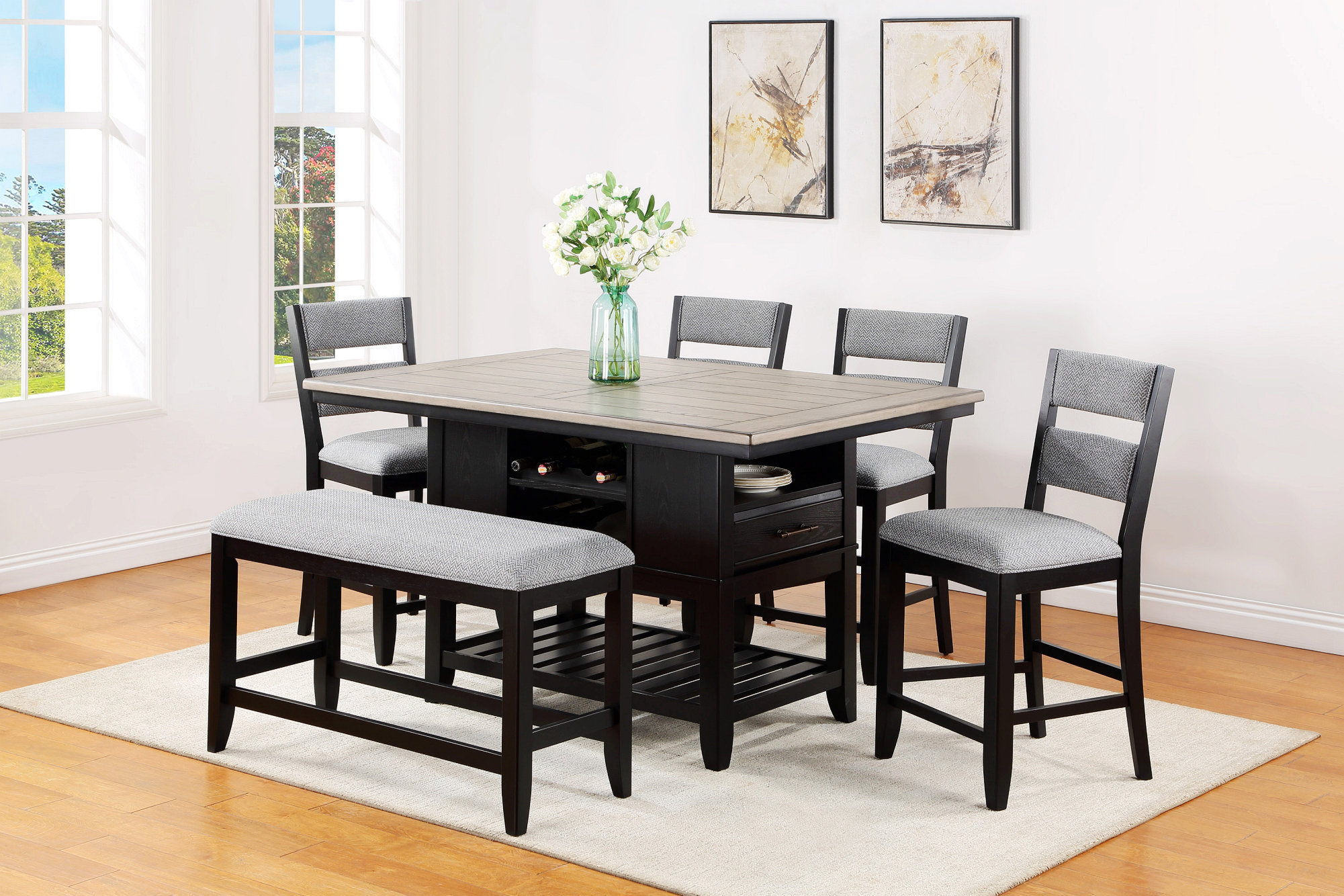 Red Barrel Studio Dining Table Set, Rectangular Table with Wine Bottle ...