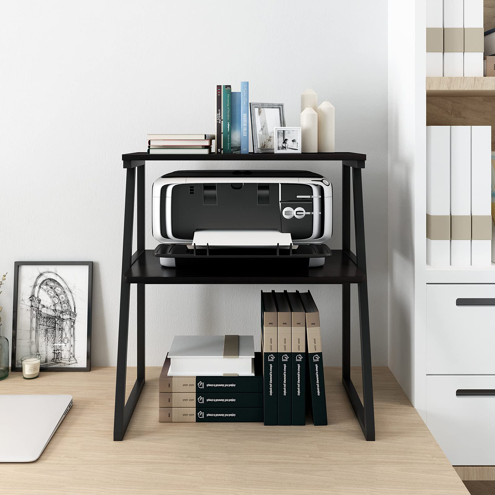 LEERWEI Desktop 3-Tier Wood Printer Stand Black Large Size High ...