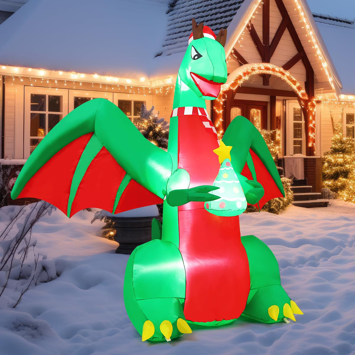 GOOSH Christmas Inflatables 6 FT Christmas Dinosaur Inflatable Wearing ...