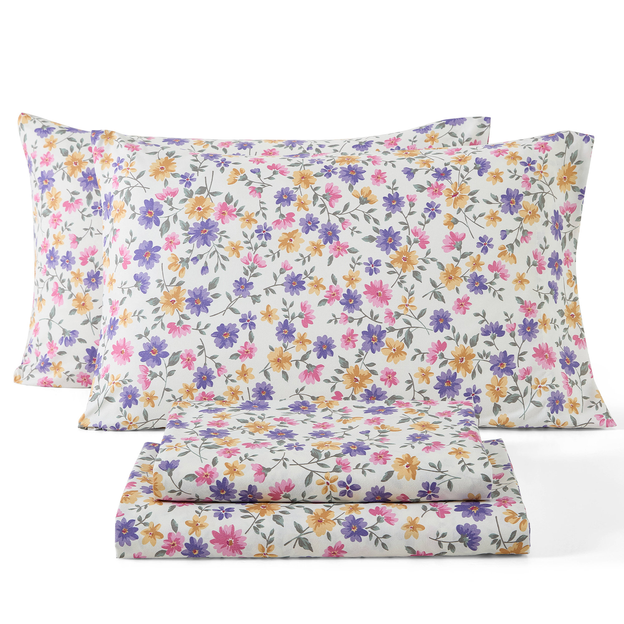 HLC.ME Purple & Yellow Floral Ditsy Bed Sheets - Wrinkle Resistant ...