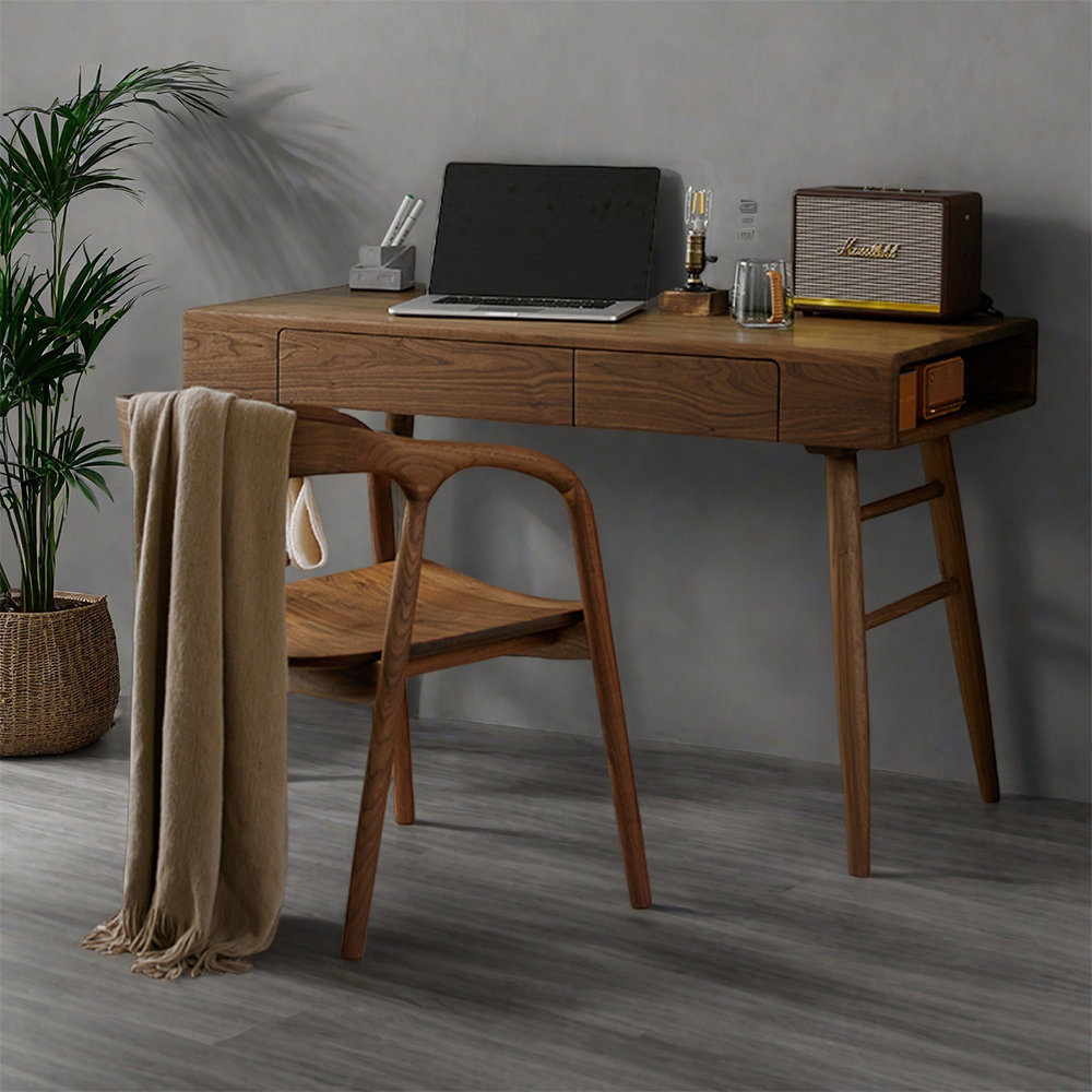 Corrigan Studio Rectangular Modern Walnut Solid Wood Writing Desk ...
