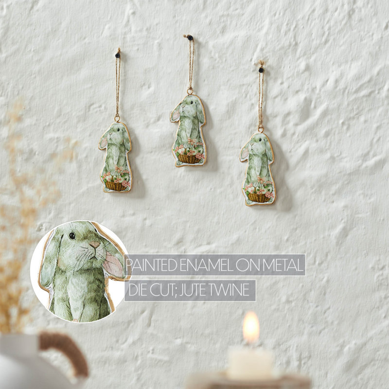 VHC Brands Bunny Hop Metal Rabbit w/ Flower Basket Ornament Set of 3 4 ...