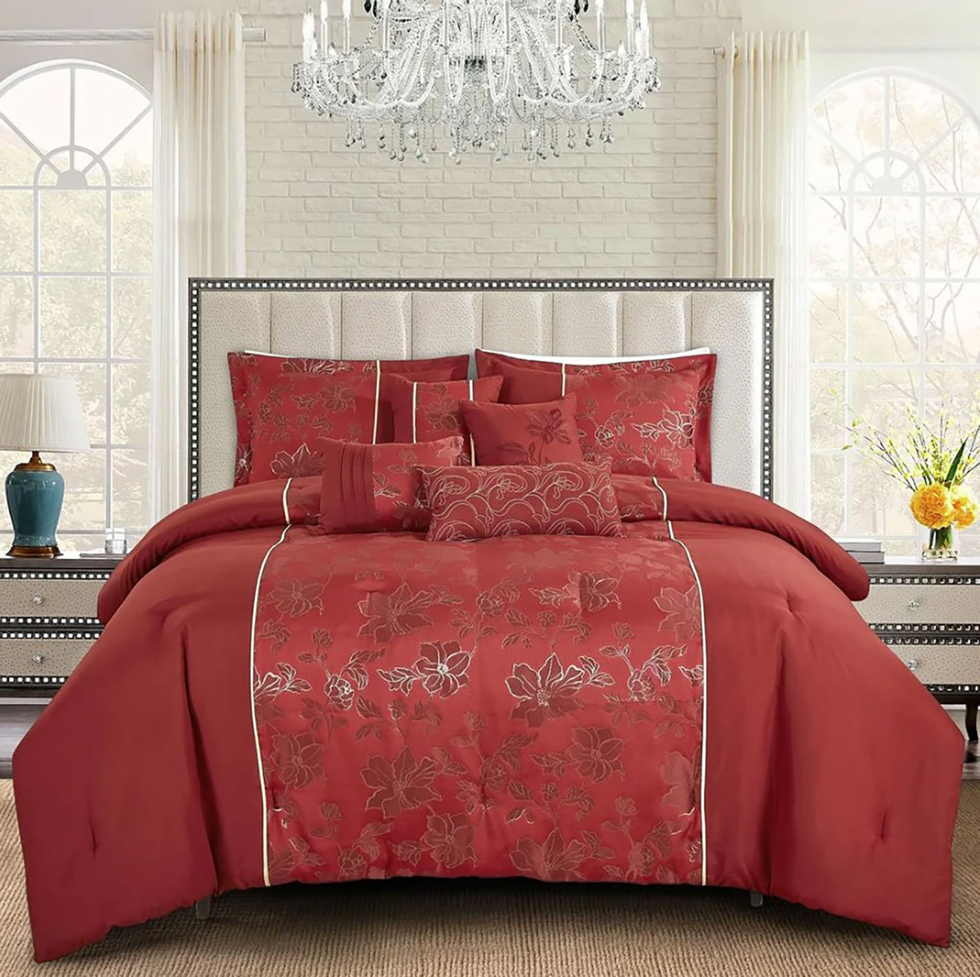 Home Mart Goods Queen Size 7 Piece Comforter Set Red Solid Floral Soft ...