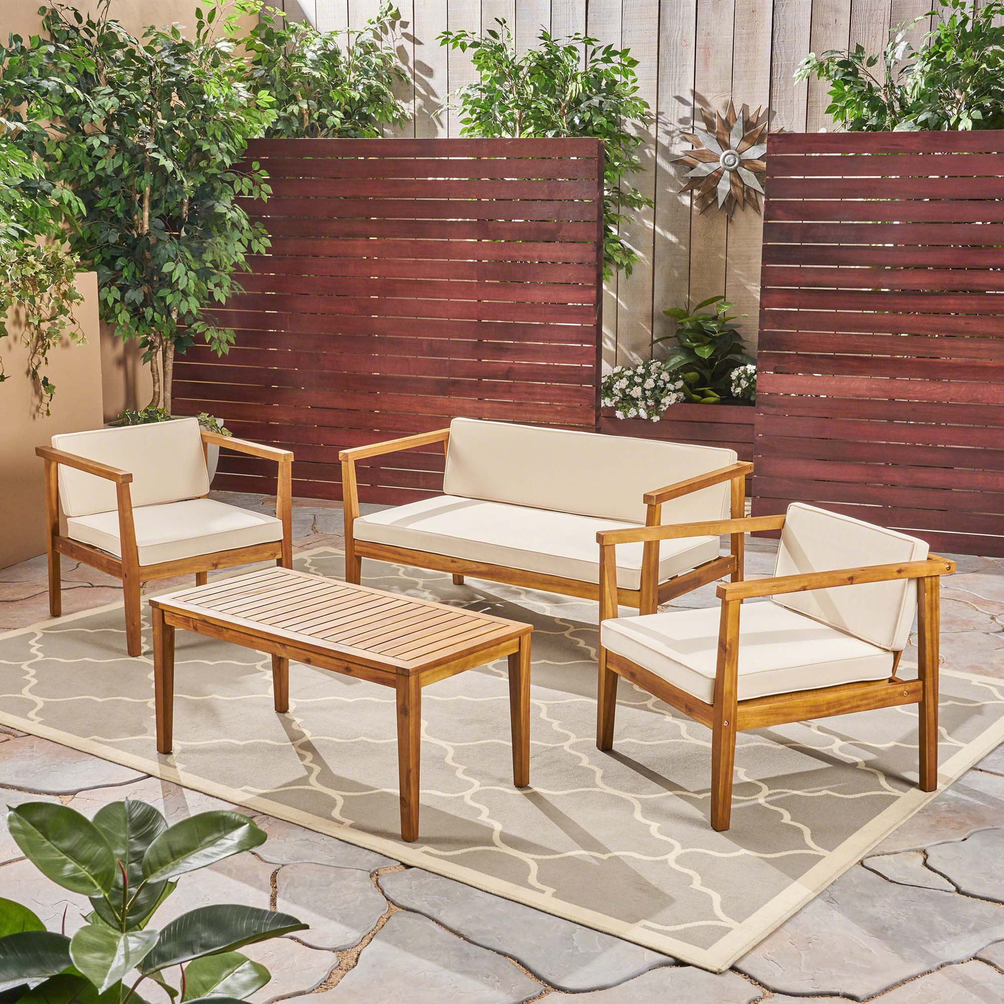 Ebern Designs Outdoor 4-Seater Acacia Wood Chat Set With Coffee Table ...