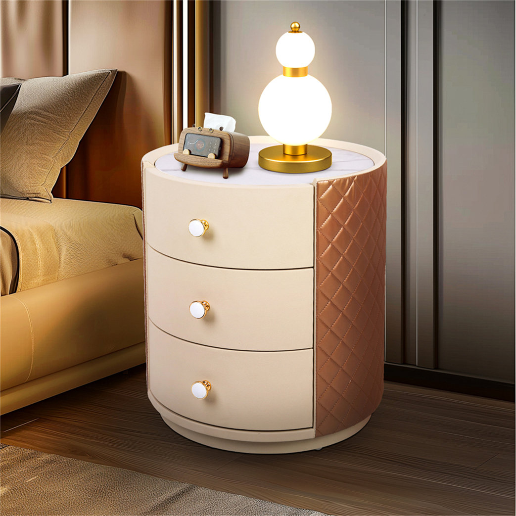 Fairmont Park Fully Assembled Round Bedroom Nightstand With 3 Drawers Pvc Leather Storage ...