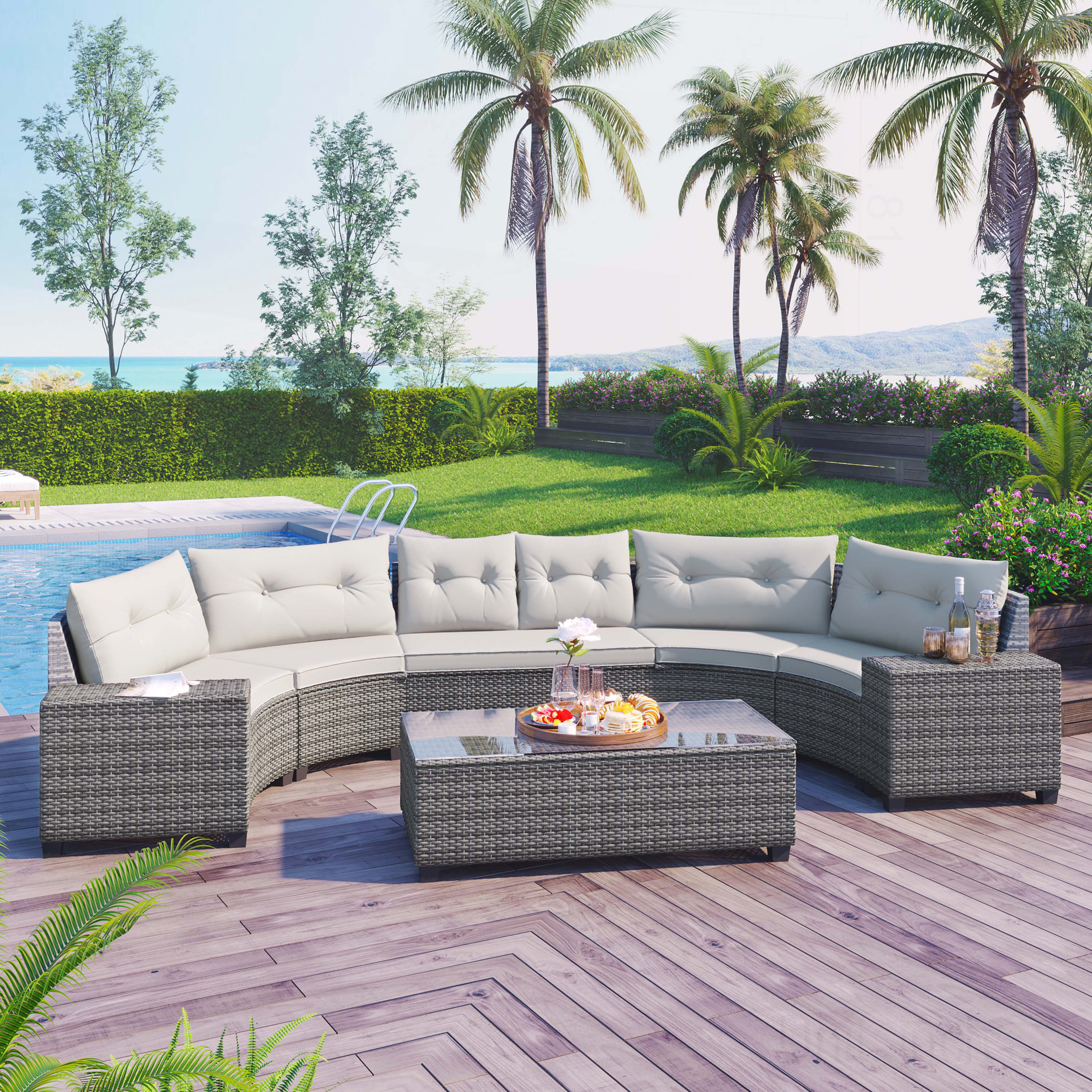 Hokku Designs 8-pieces Outdoor Wicker Round Sofa Set, Half-Moon ...