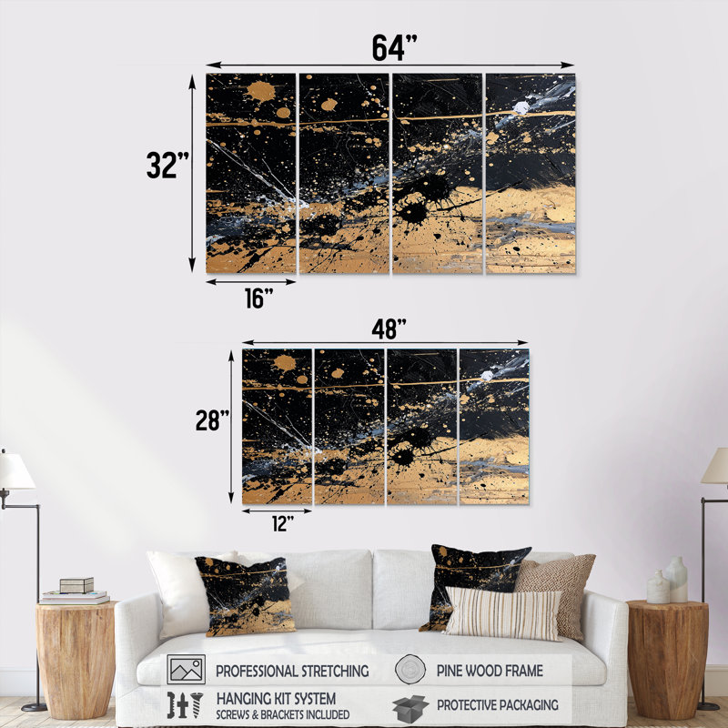Ivy Bronx Spatter Explosion Gold Black - Abstract Wall Art Canvas 4 ...