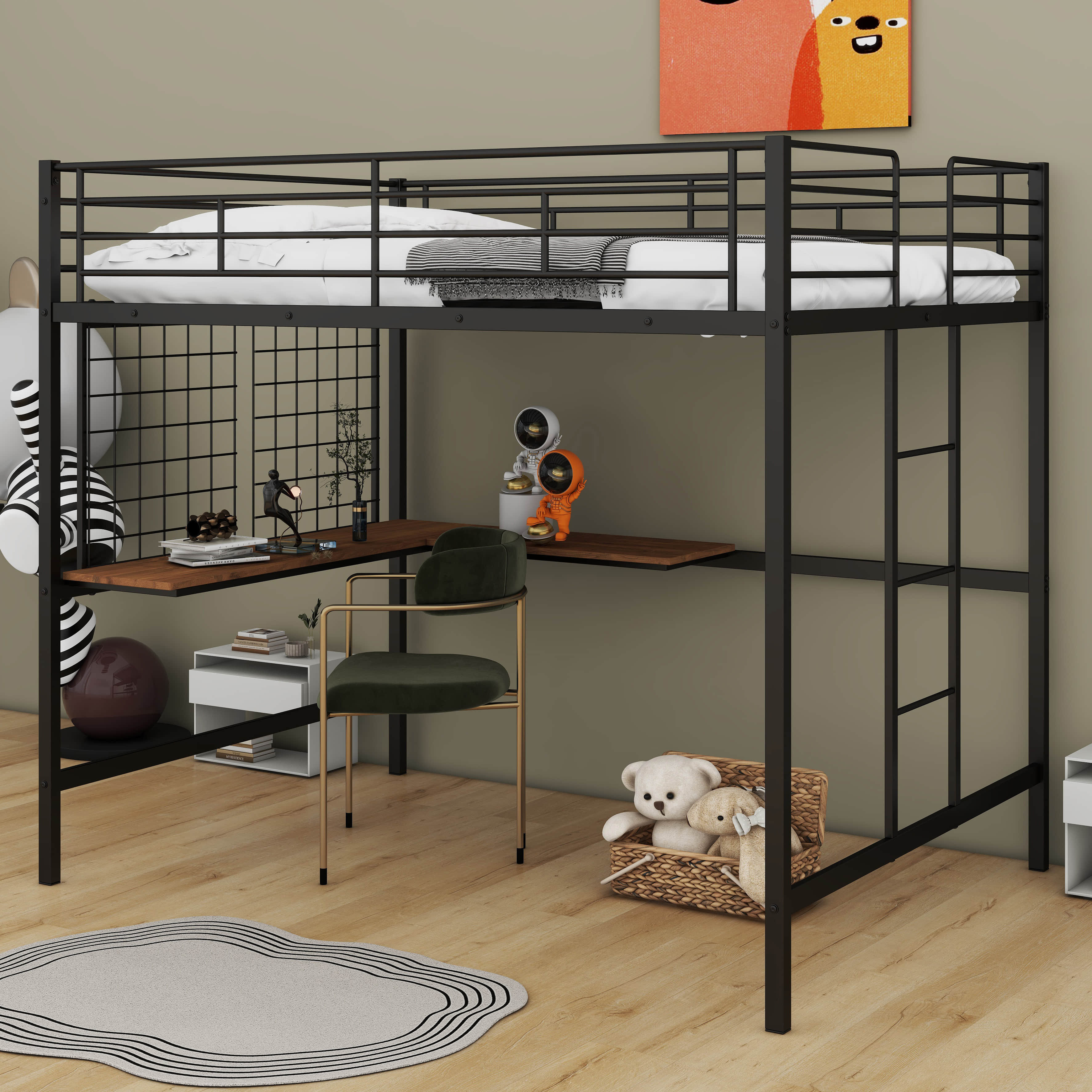 Mason & Marbles Gadar Metal Loft Bed With Desk And Metal Grid | Wayfair