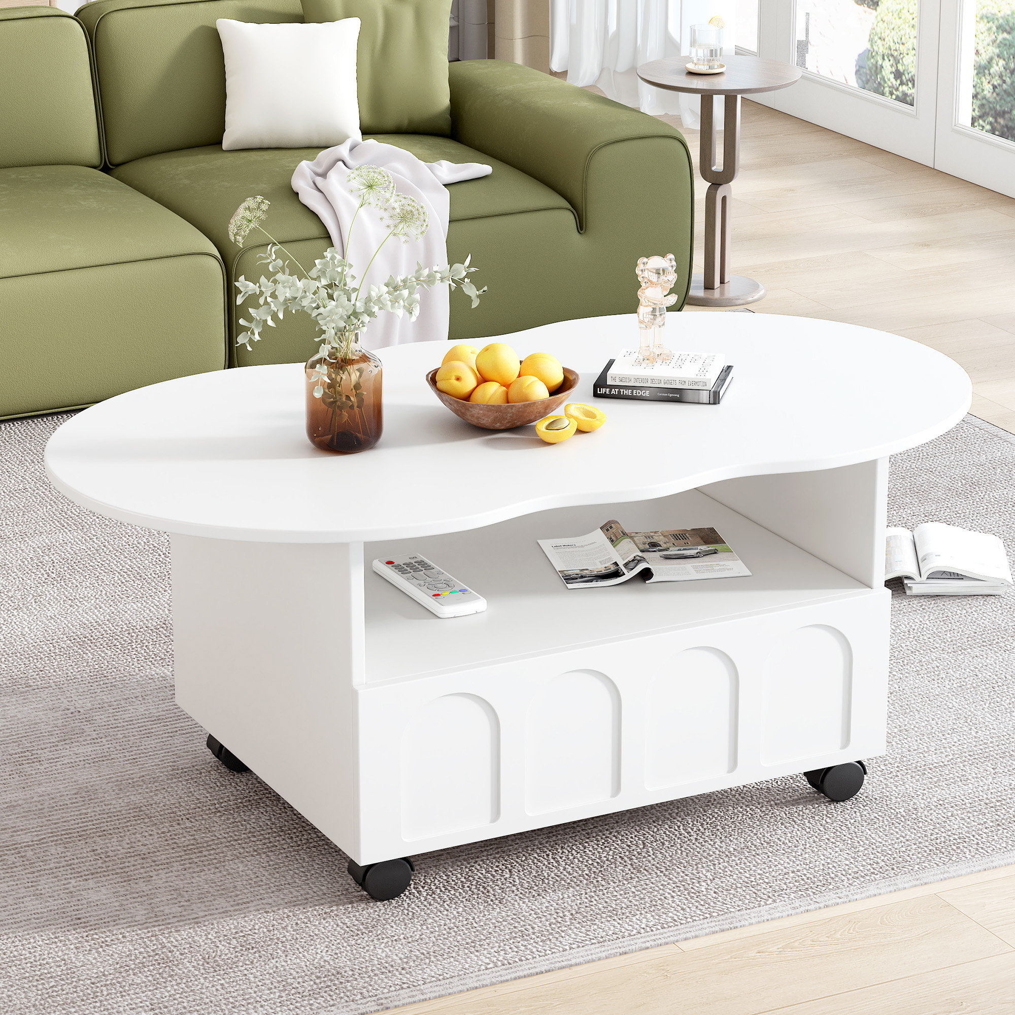 Latitude Run® Flexible Cream Style Coffee Table With 2 Brake Wheels ...