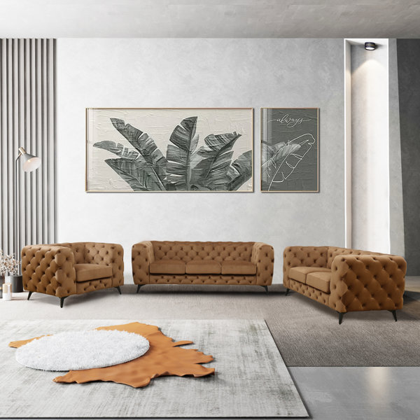 Everly Quinn Owetta 3 Piece Velvet Living Room Set | Wayfair