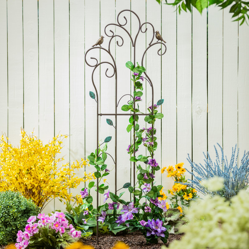 Red Barrel Studio® Duquesne 60"H Iron Trellis with Birds and Scrolls ...