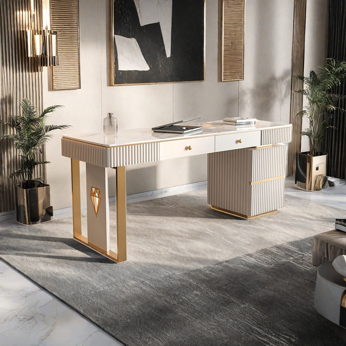 Everly Quinn Luxury Minimalist High-End Sintered Stone Office Desk,4 ...