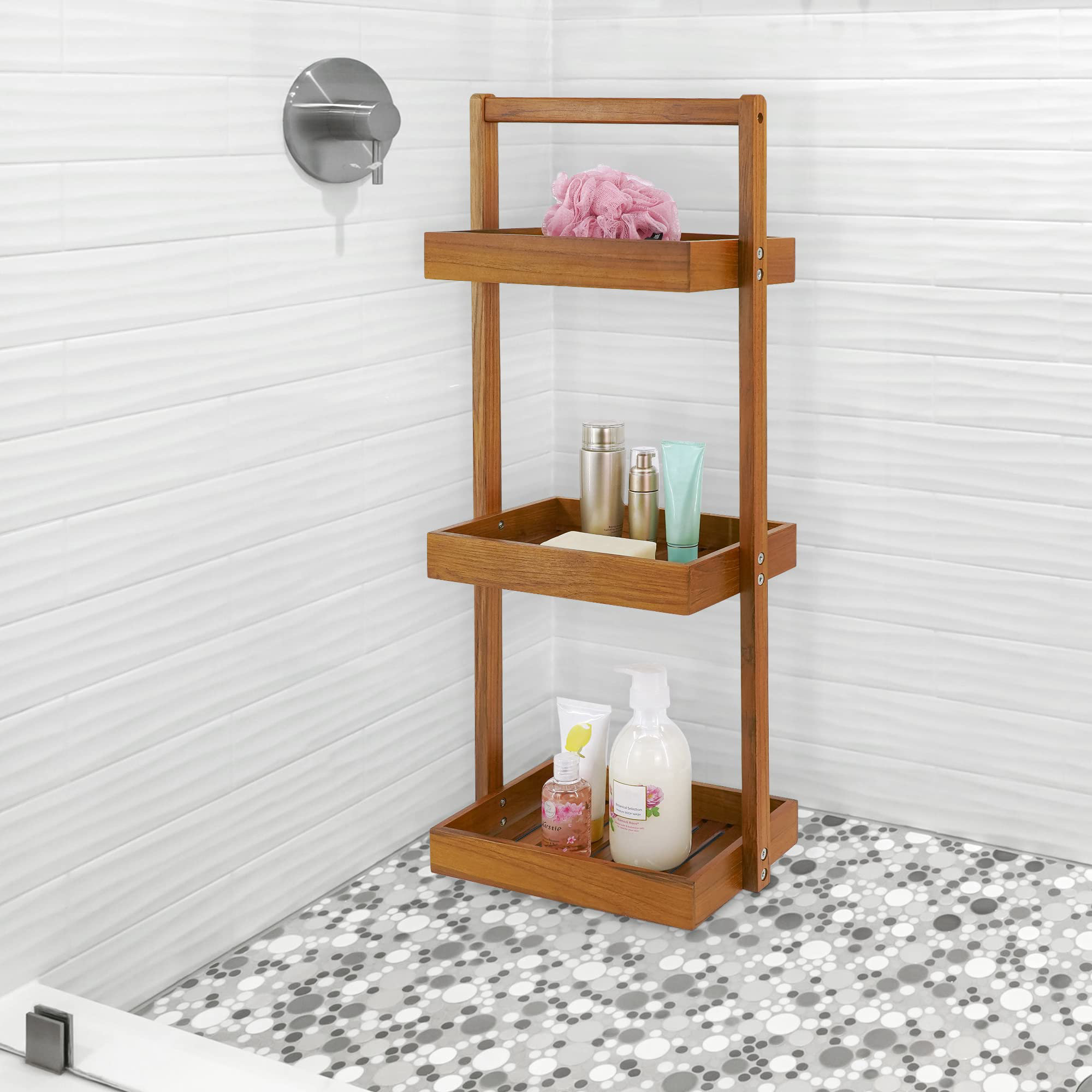 Rebrilliant Teak Shower Caddy Corner, 3 Tier Standing Shower Organizer ...