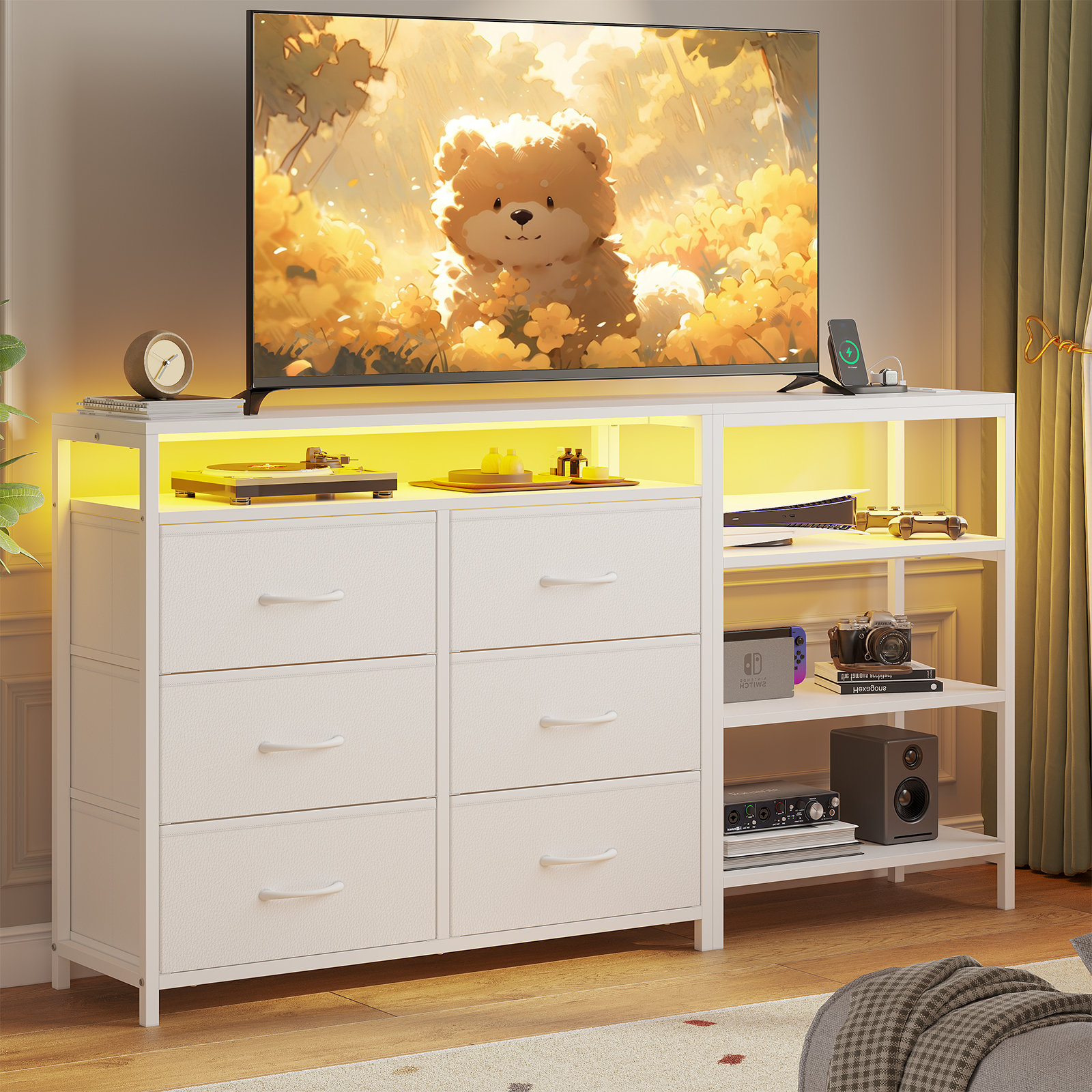 17 Stories Led Tv Stand With Charging Station,convertible Dresser With ...