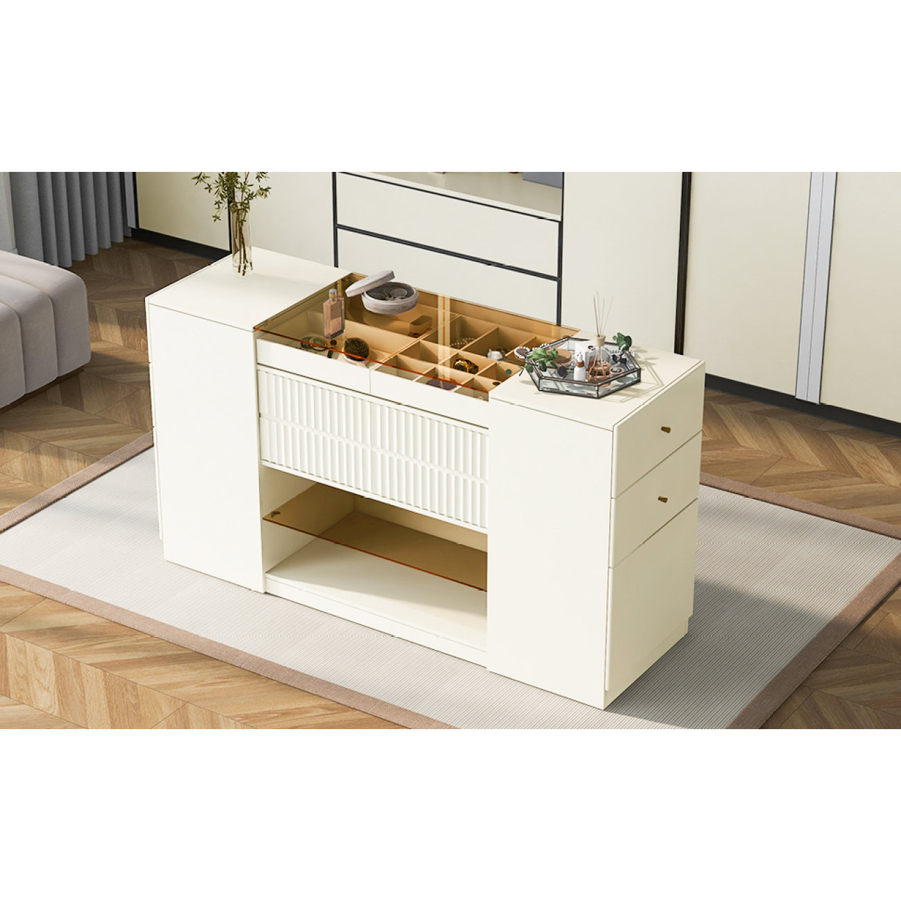 Lipoton Modern Luxury Multi-Functional Island Vanity Dresser And Storage Cabinet With Glass ...