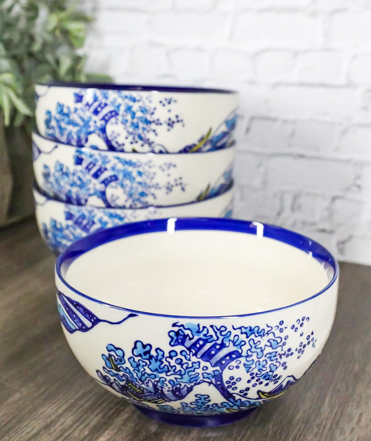 Alcott Hill® Pack Of 4 Blue Japanese Hokusai Great Wave Ceramic Soup ...