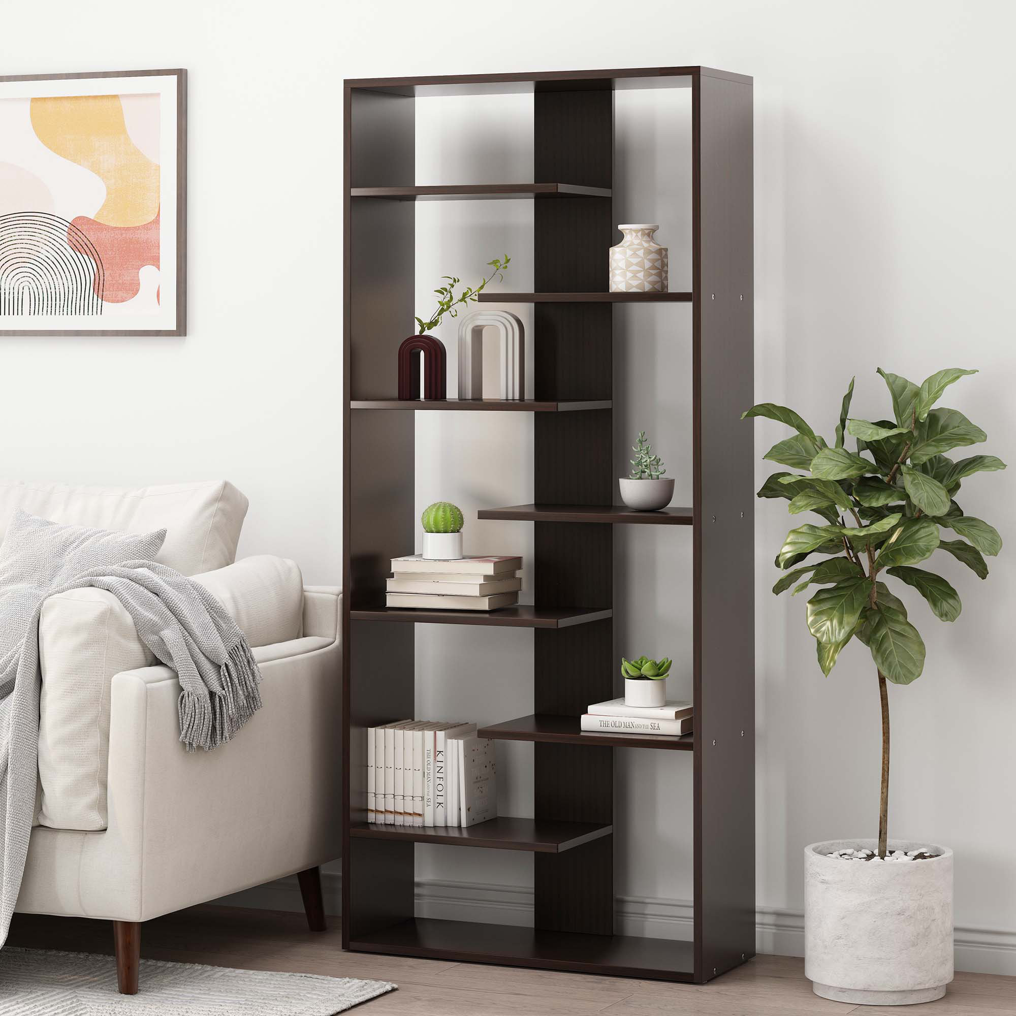 Hokku Designs Wooden Frame Home Office High Bookshelf With Open Shelves ...