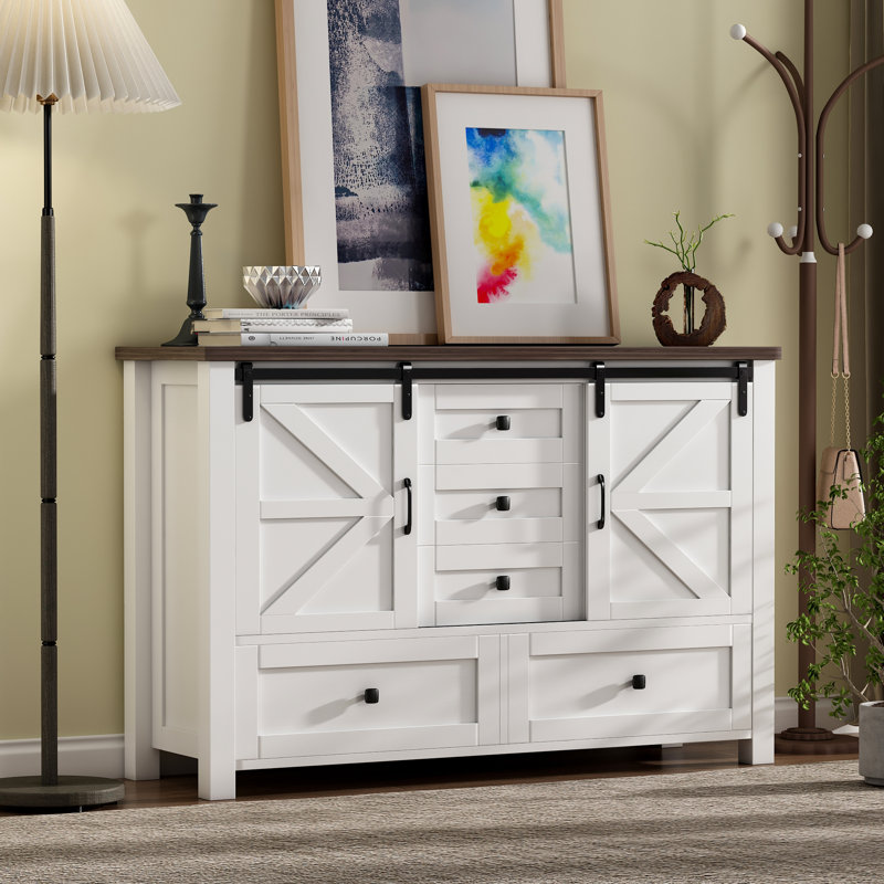 Gracie Oaks Kaicey 48" Farmhouse w/5 Drawer & 2 Sliding Barn Doors ...