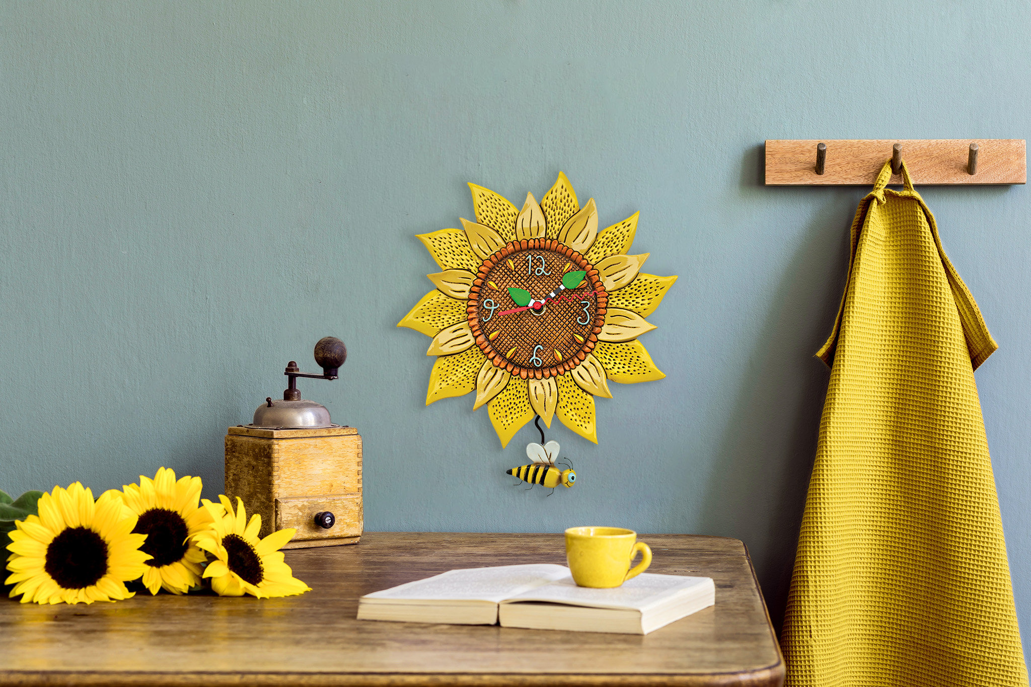 Allen Designs Bee Sunny Sunflower Battery Operated Sculpted Pendulum Wall Clock 13 Inch | Wayfair